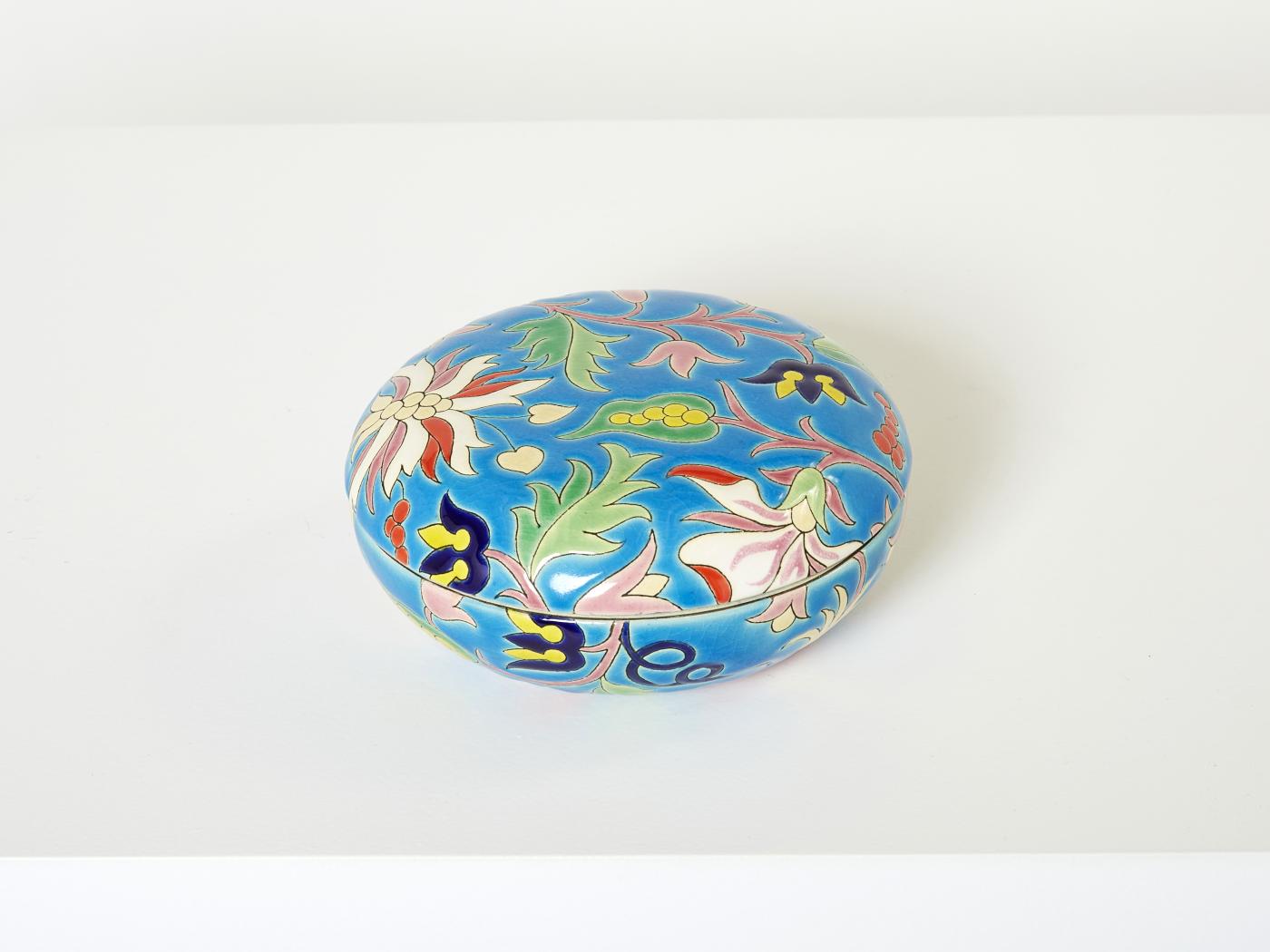 Faïenceries et Emaux de Longwy - Large blue flowers Art deco box Emaux ...