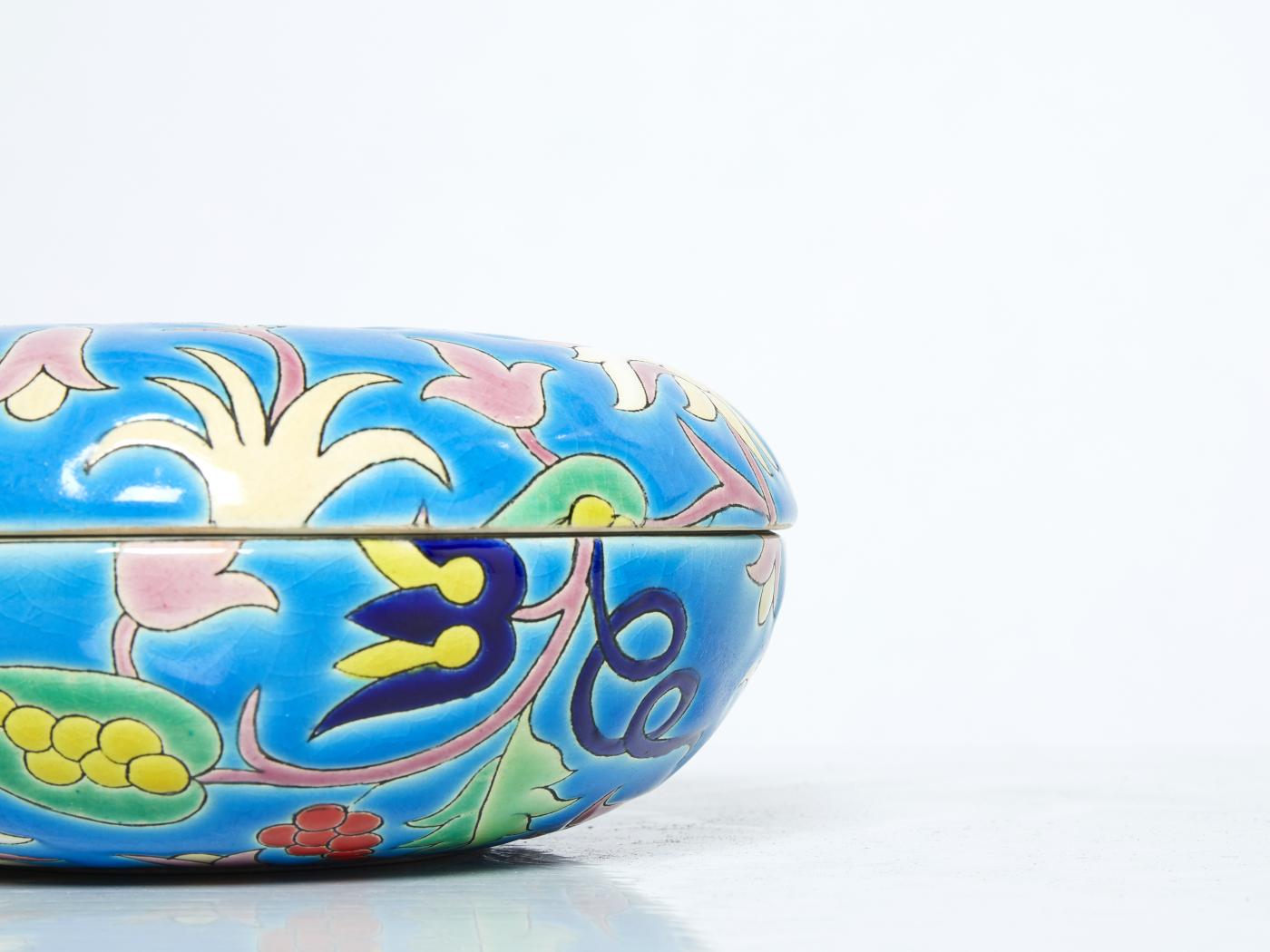 Faïenceries et Emaux de Longwy - Large blue flowers Art deco box Emaux ...