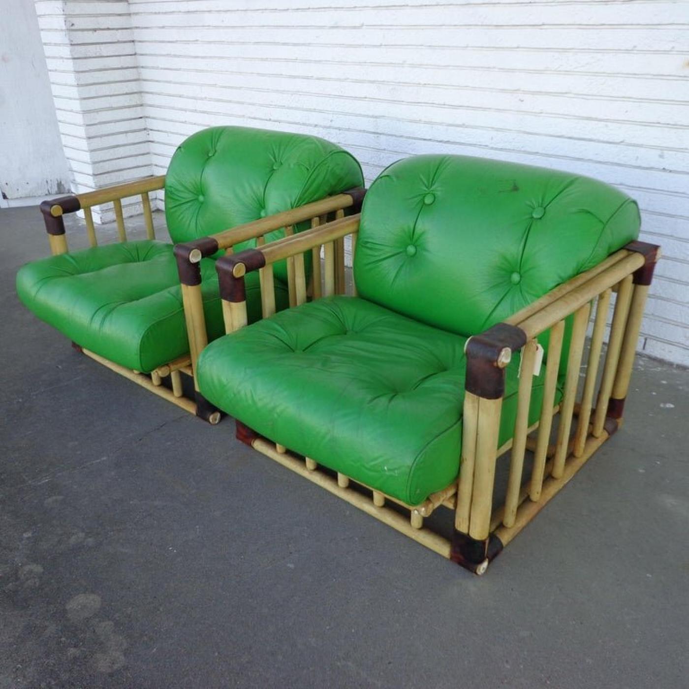 Ficks Reed - Pair of Original Bamboo Tufted Green Rattan Lounge Chairs ...