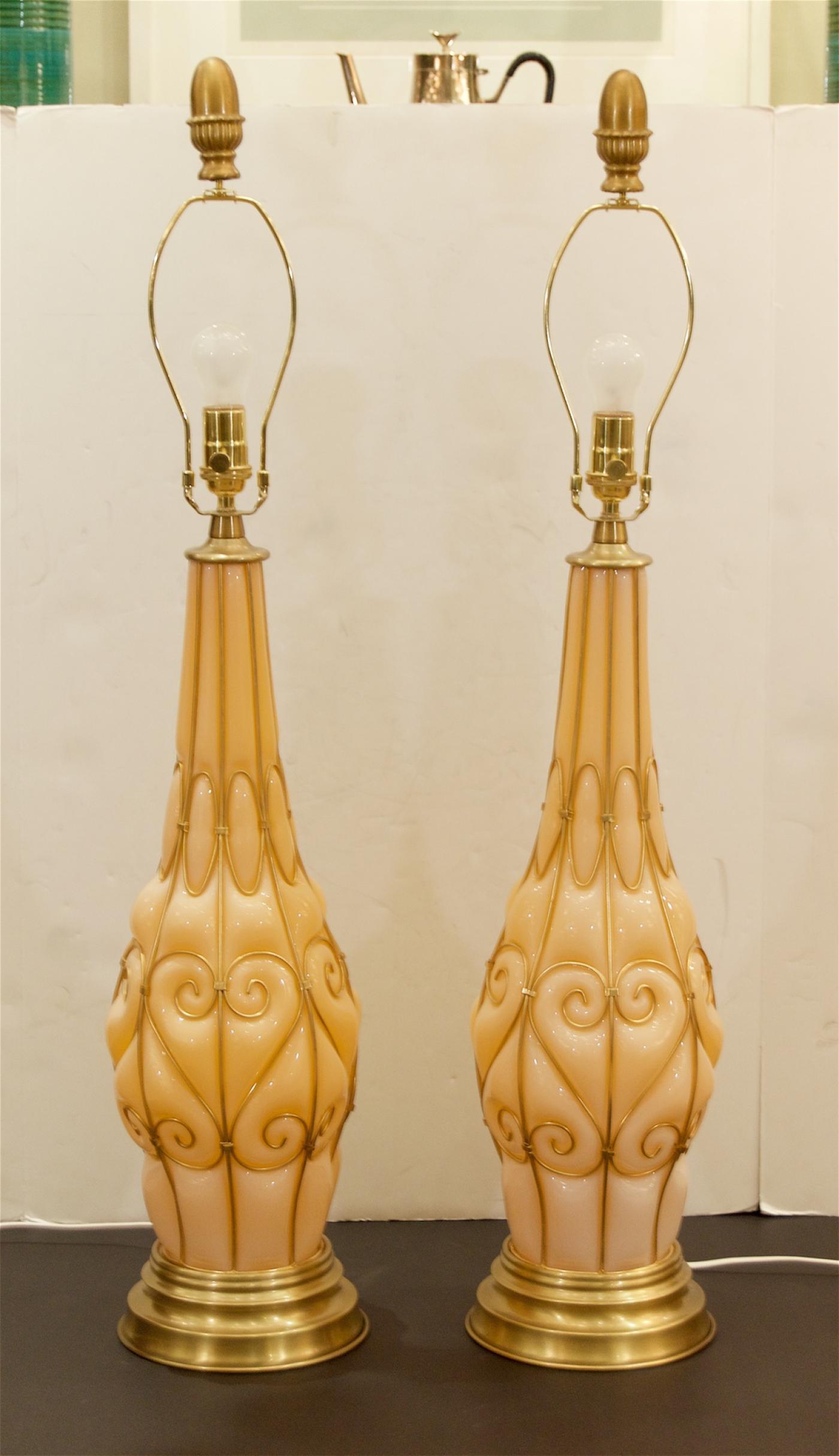 Marbro Lamp Company - Large Pair of Coral Tone Murano Lamps with Brass ...