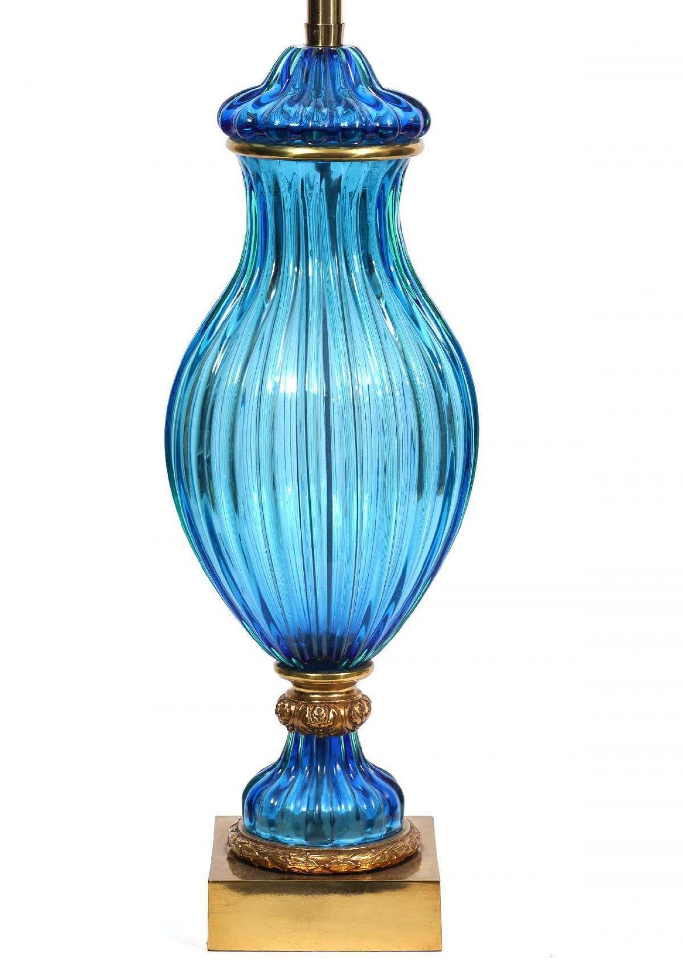 Marbro Lamp Company - Large Pair of Vintage Blue Murano Glass Lamps, Marbro