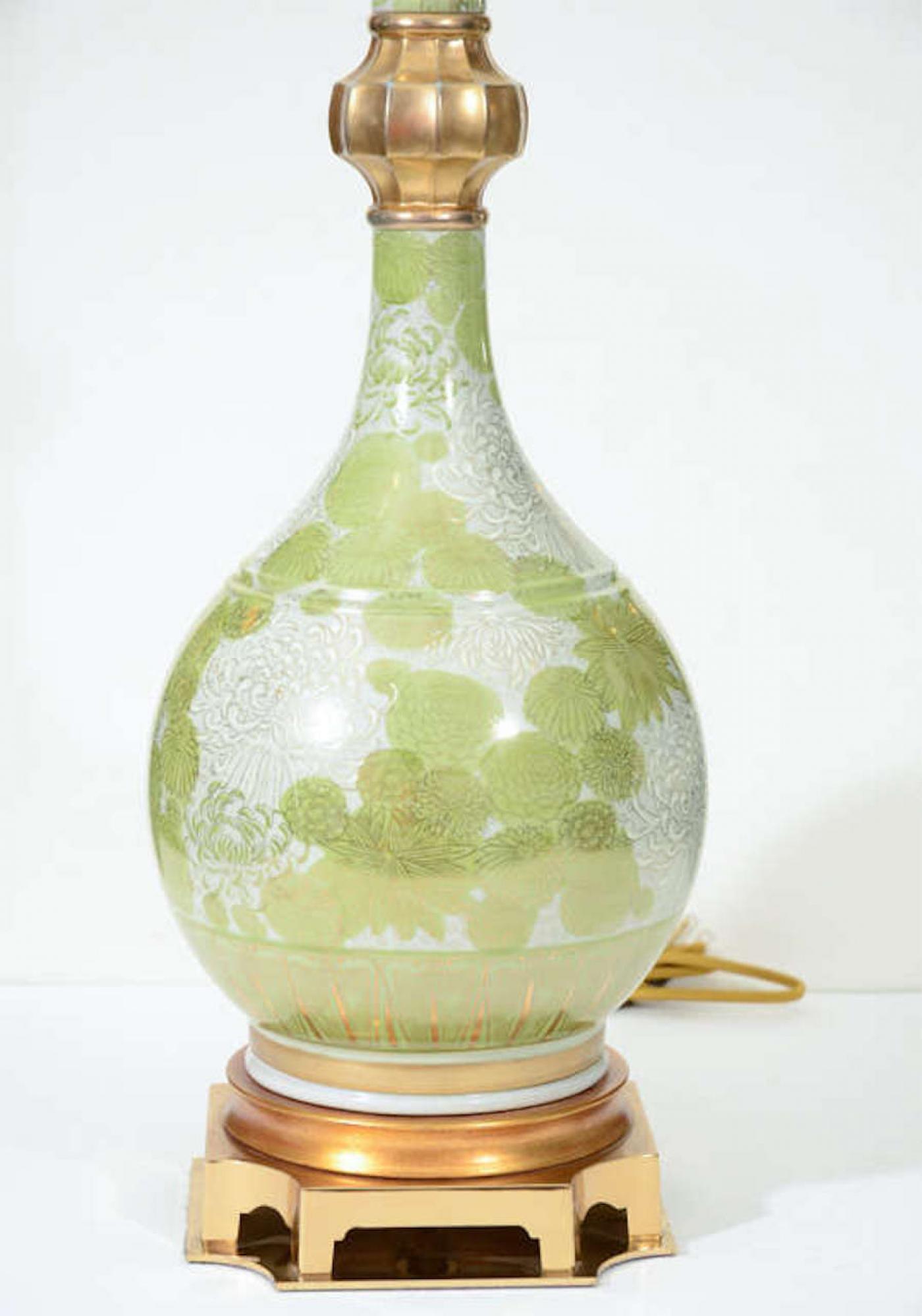 Marbro Lamp Company - Marbro Green and White Chrysanthemum Porcelain Lamps