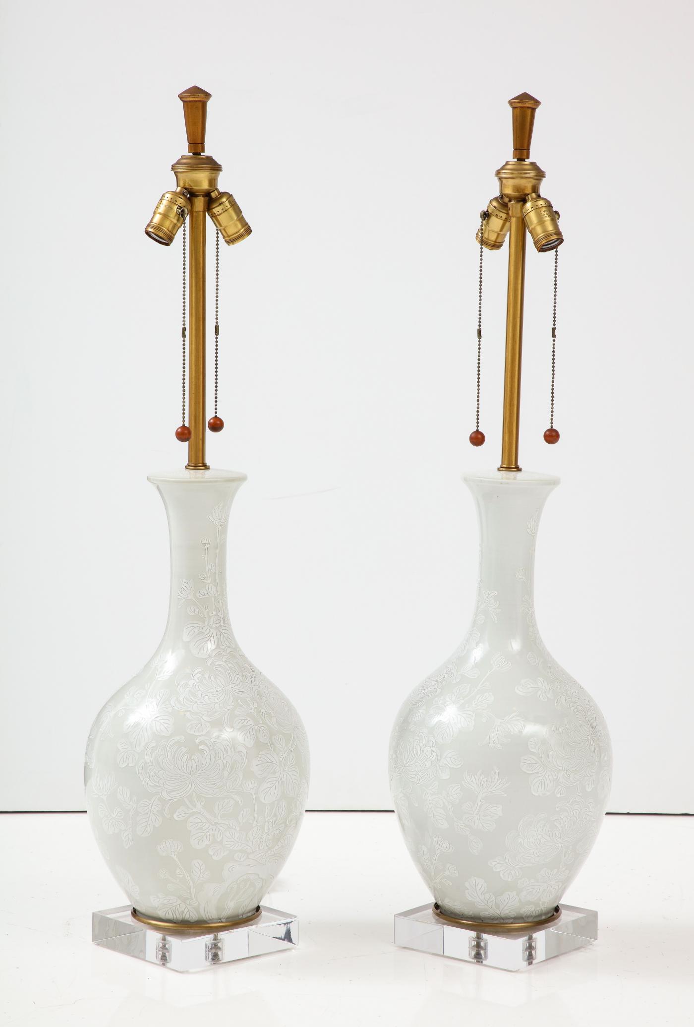 Marbro Lamp Company - Marbro White, Beige Chrysanthemum Porcelain Lamps