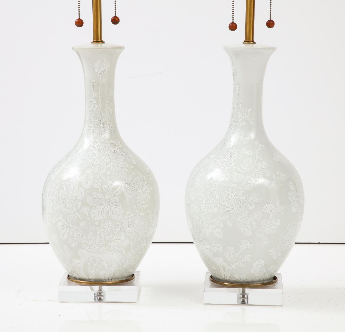 Marbro Lamp Company - Marbro White, Beige Chrysanthemum Porcelain Lamps
