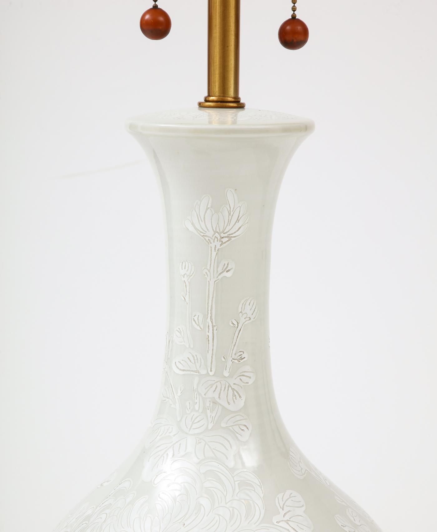 Marbro Lamp Company - Marbro White, Beige Chrysanthemum Porcelain Lamps