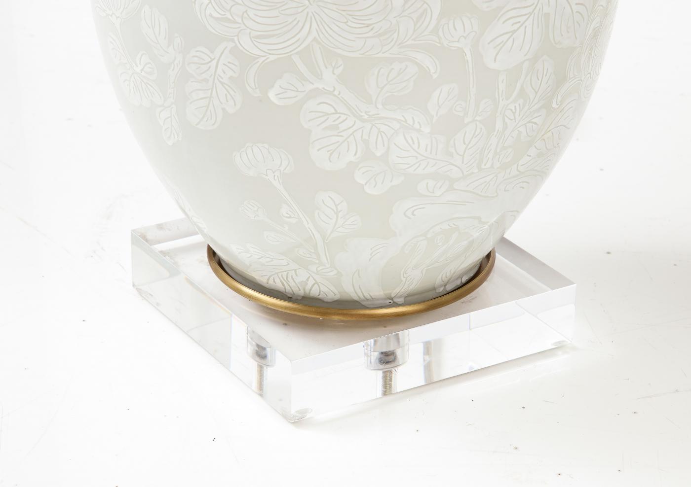 Marbro Lamp Company - Marbro White, Beige Chrysanthemum Porcelain Lamps