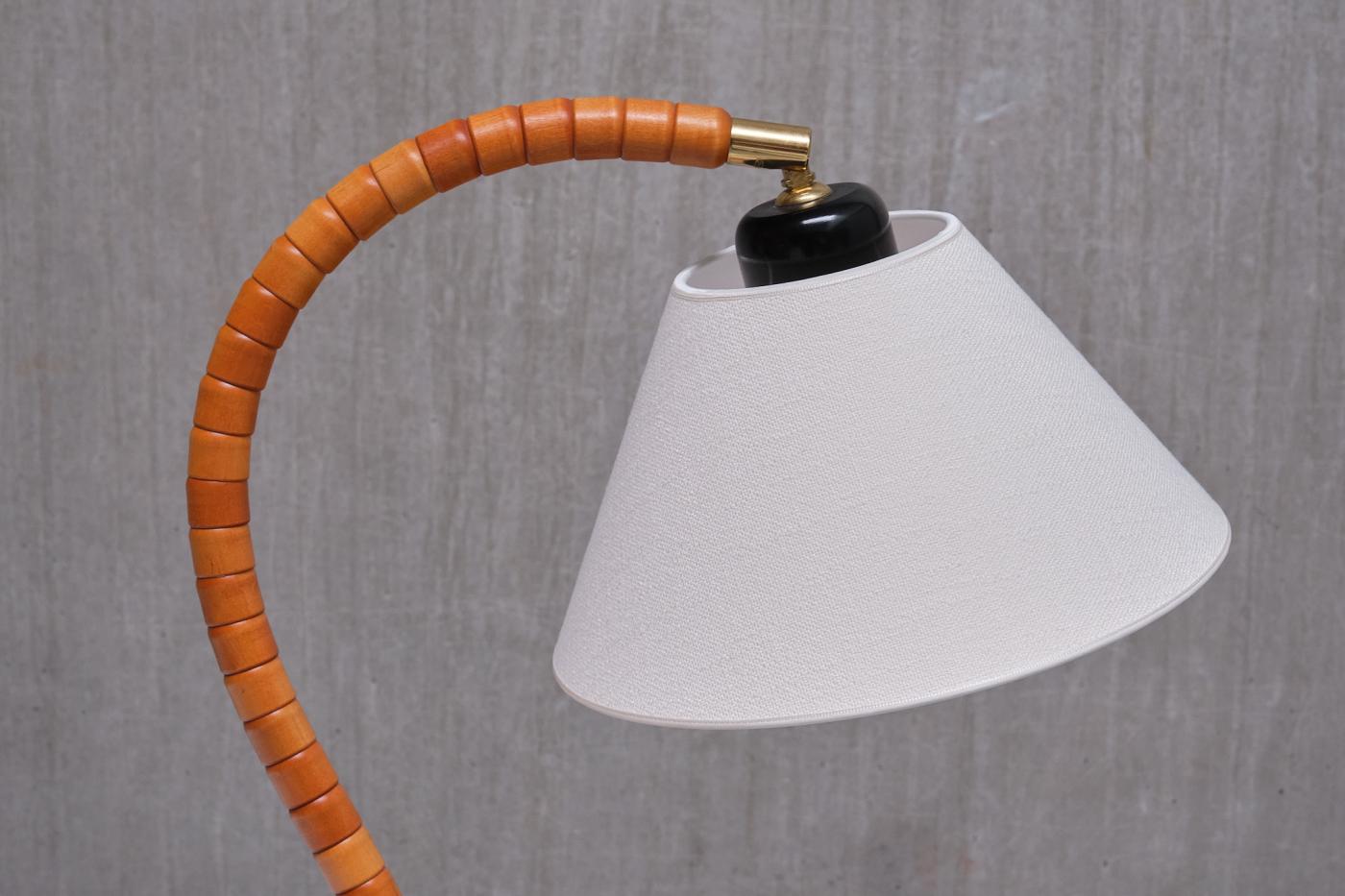 Markslöjd - Swedish Modern Markslöjd Table Lamp in Beech, Brass, Linen, Sweden, 1960s