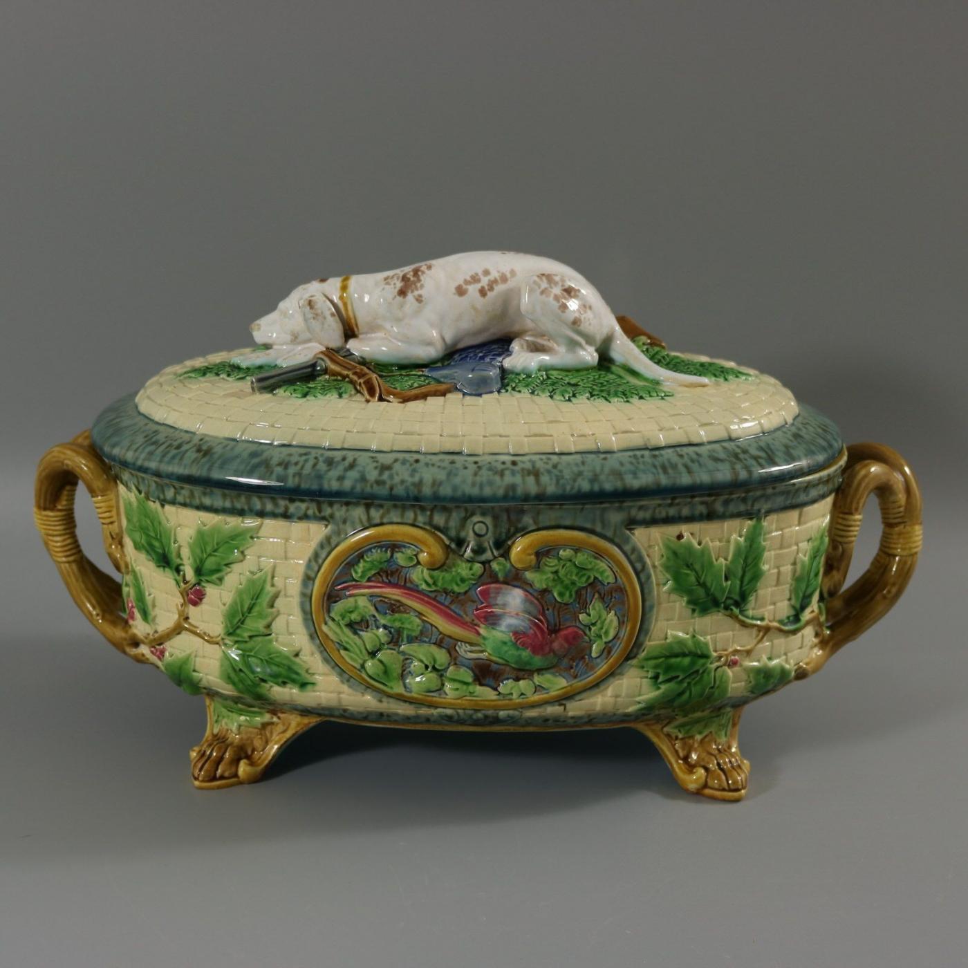 Minton - Festive Victorian Minton Majolica Game Pie Dish with Gun Dog