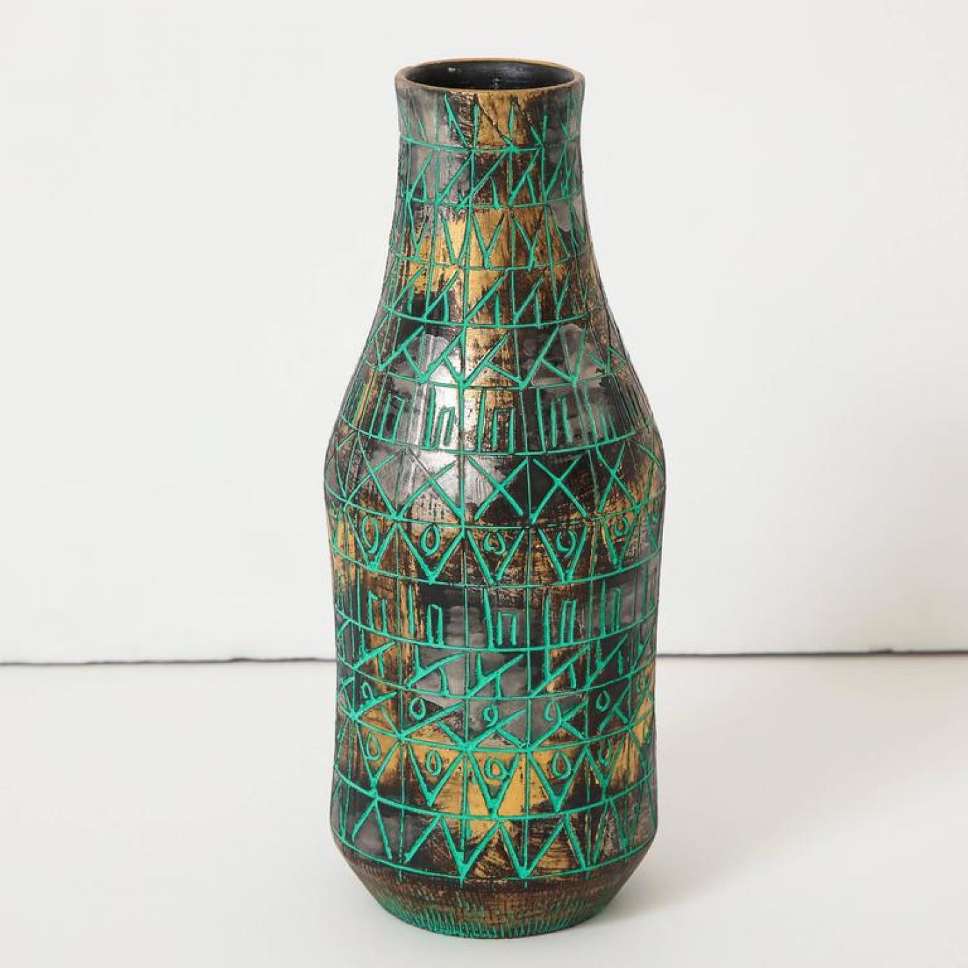 Raymor - Raymor Vase, Ceramic, Sgraffito, Green, Gold, Chrome, Signed