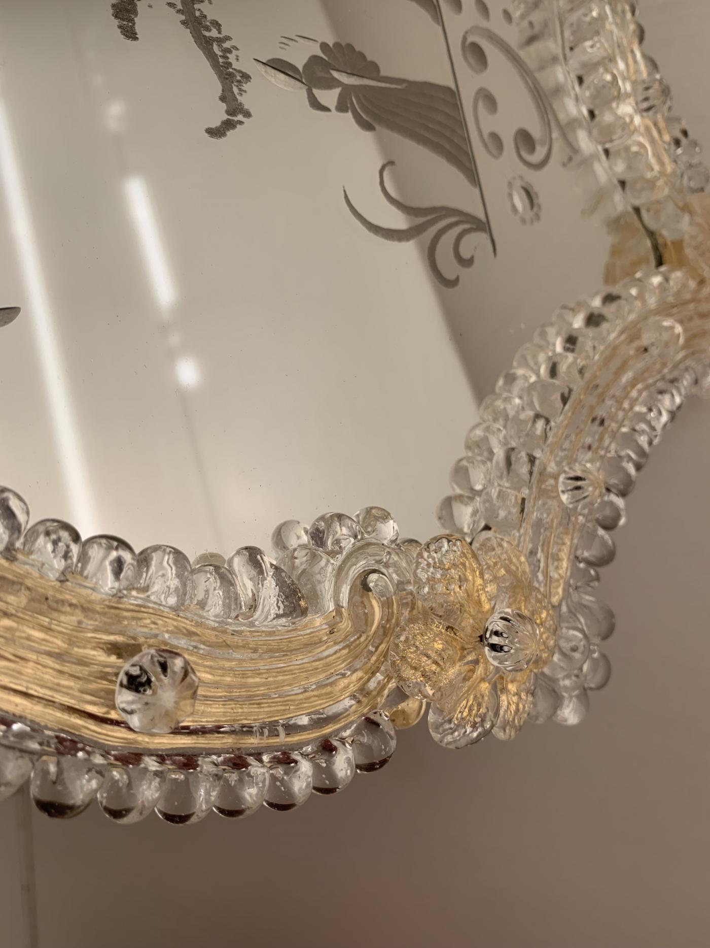 SimoEng - Transparent and gold Murano glass mirror frame with flowers