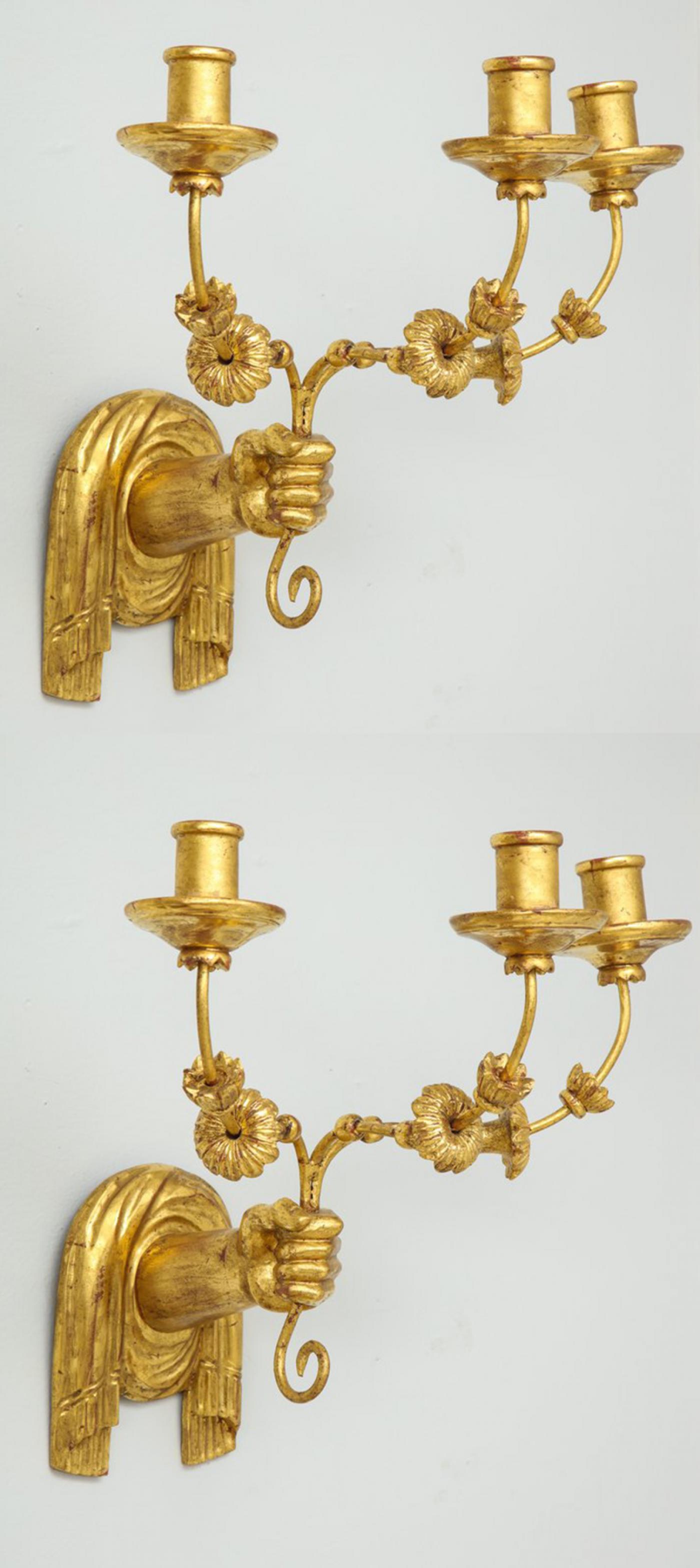 Custom Pair of Giltwood Hand-Carved Sconces