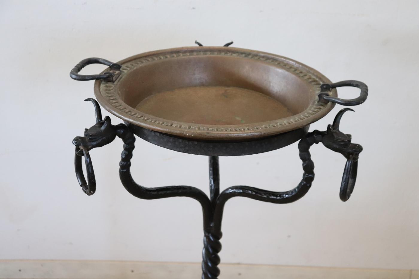 16th Century Rare Antique Brazer in Copper with Wrought Iron Pedestal