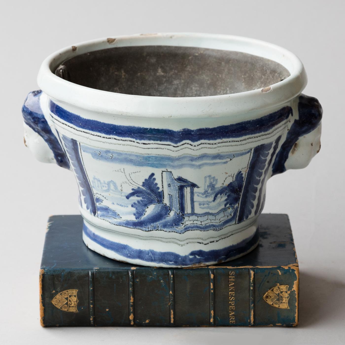 18TH CENTURY BLUE AND WHITE CACHE POT WITH ZINC LINER Circa 1750