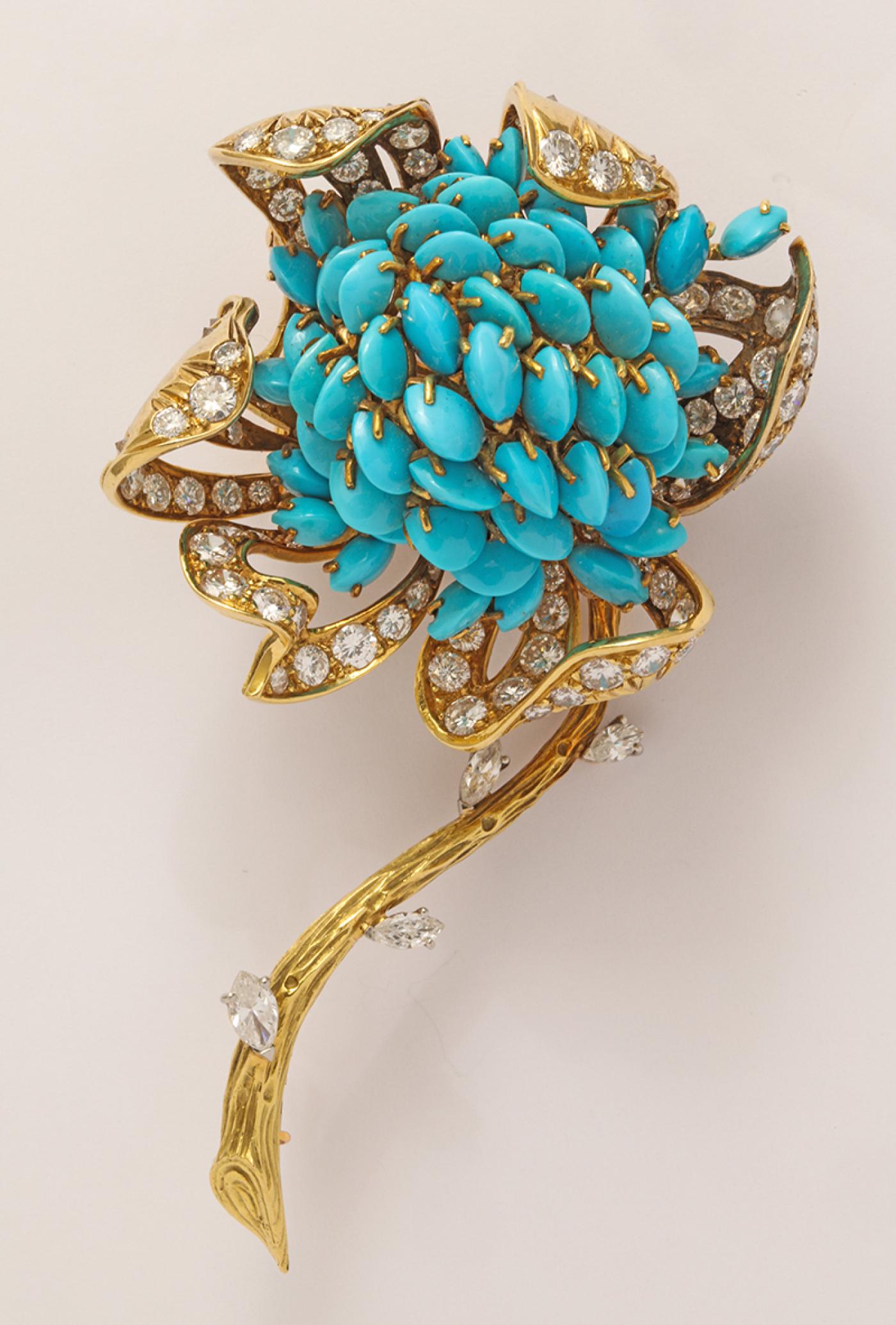 18k Gold, Turquoise & Diamond Brooch