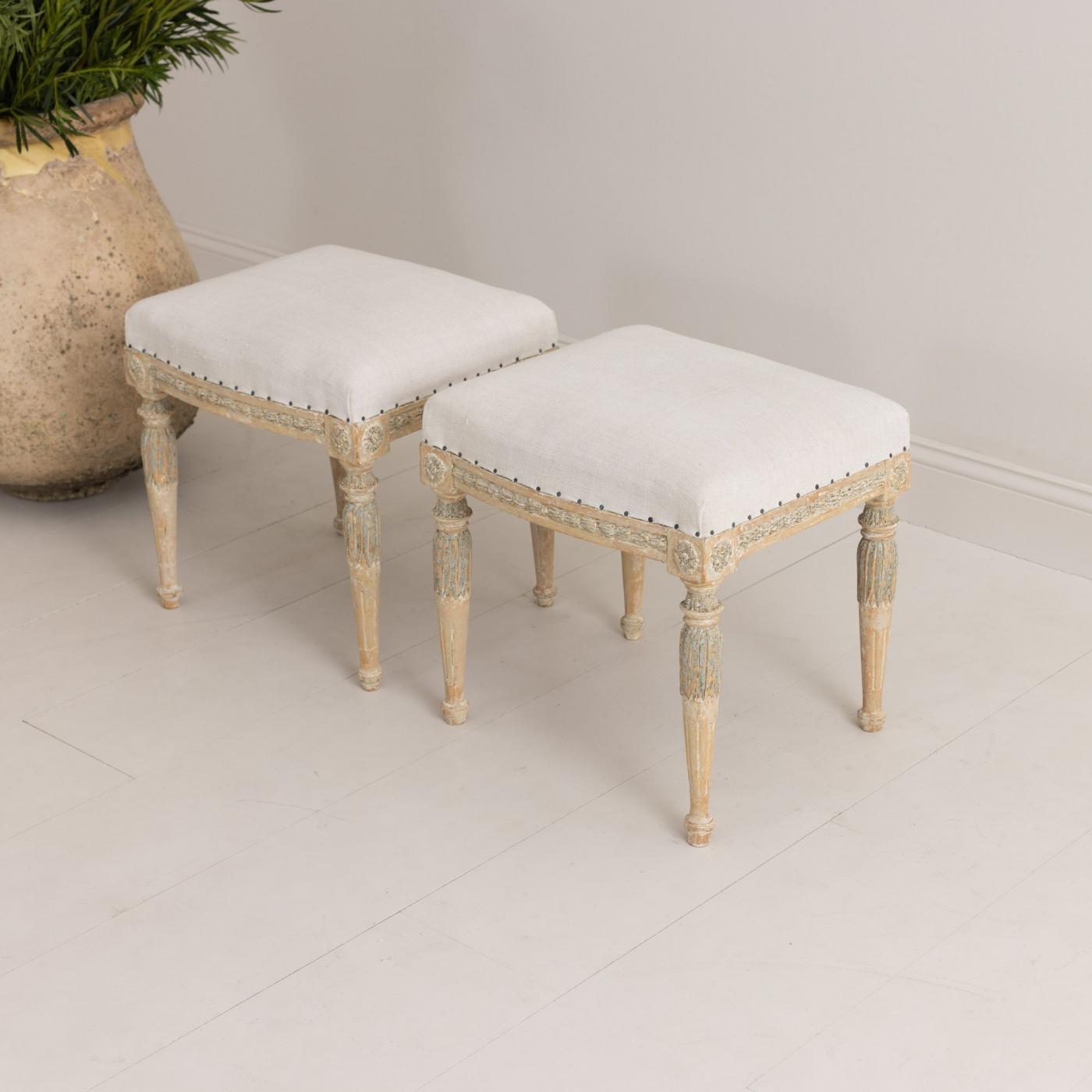 18th c. Pair of Swedish Gustavian Stools in Original Paint