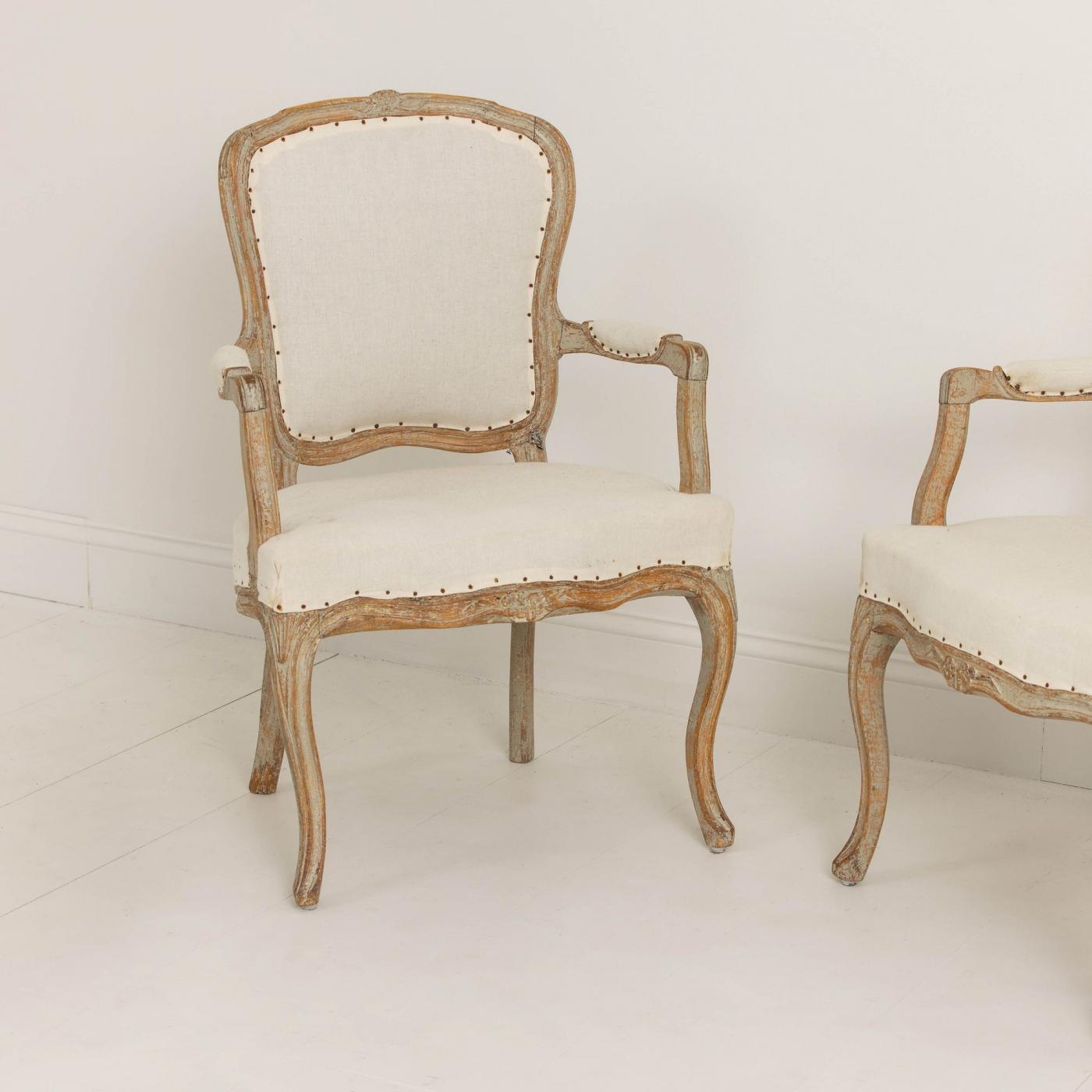 18th c. Swedish Rococo Period Armchairs in Original Paint