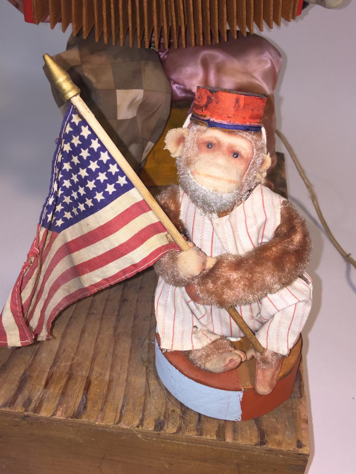 1940's HAND MADE CLOWN PLAYING ACCORDIAN AND MONKEY WITH FLAG AUTOMATON