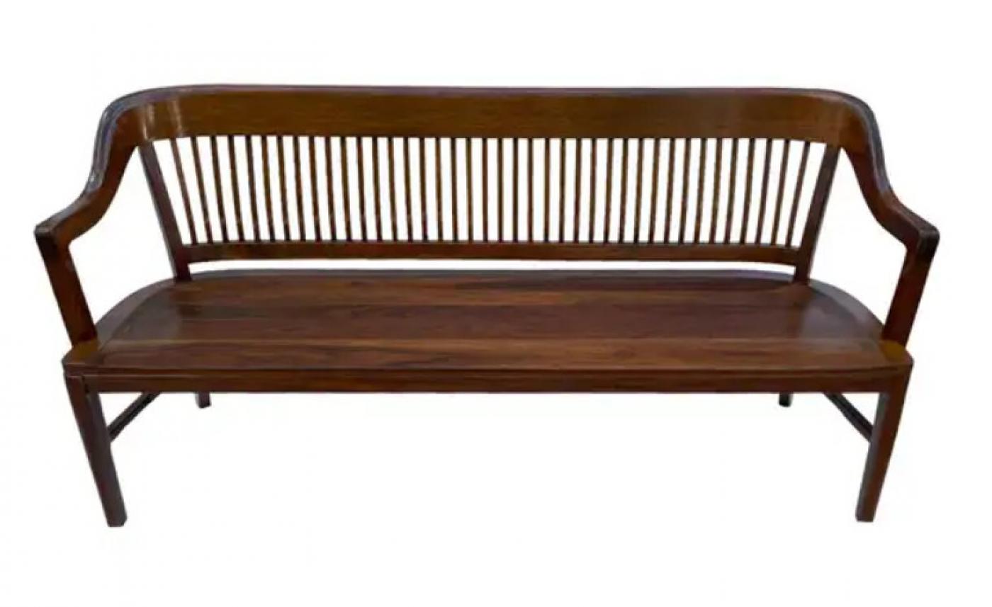 1940's Mid Century Modern Long Spindle Back Bench in Solid Stained Oak