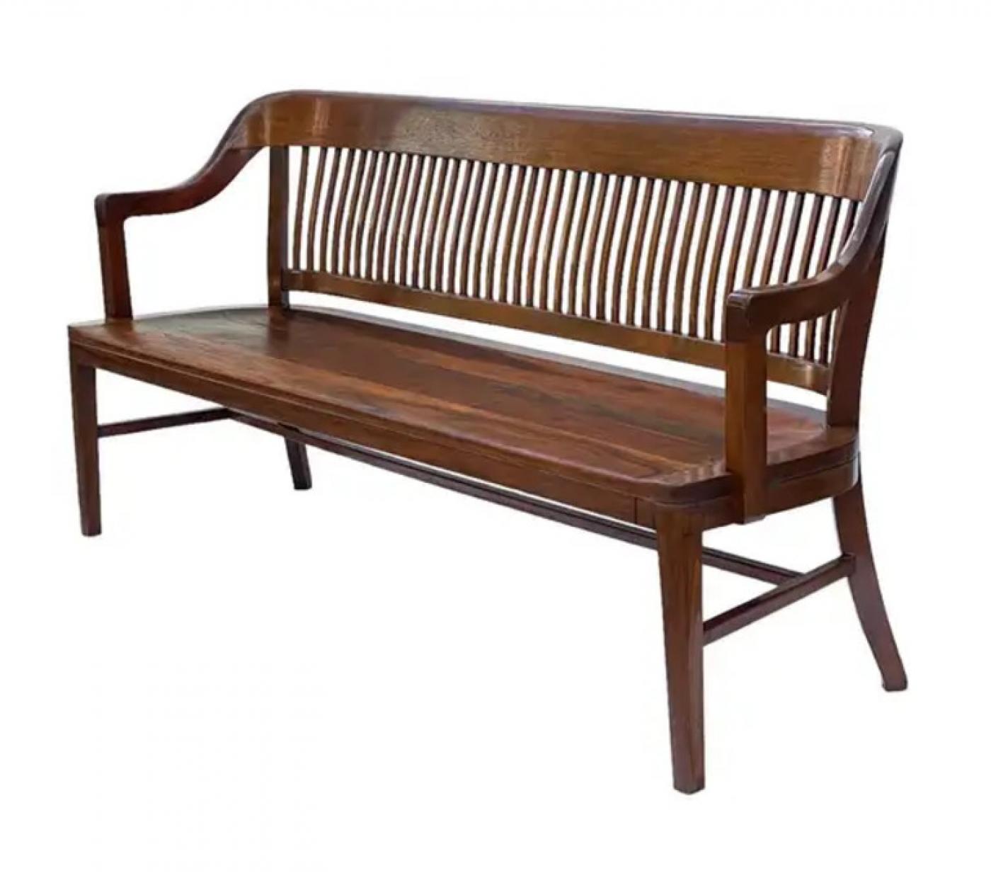 1940's Mid Century Modern Long Spindle Back Bench in Solid Stained Oak