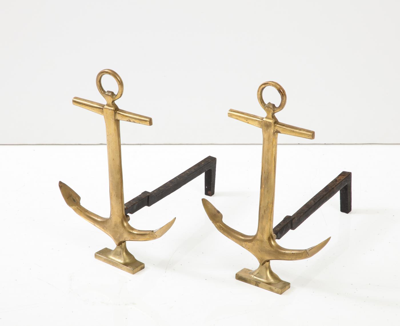 1950s Pair of Brass Anchor Andirons