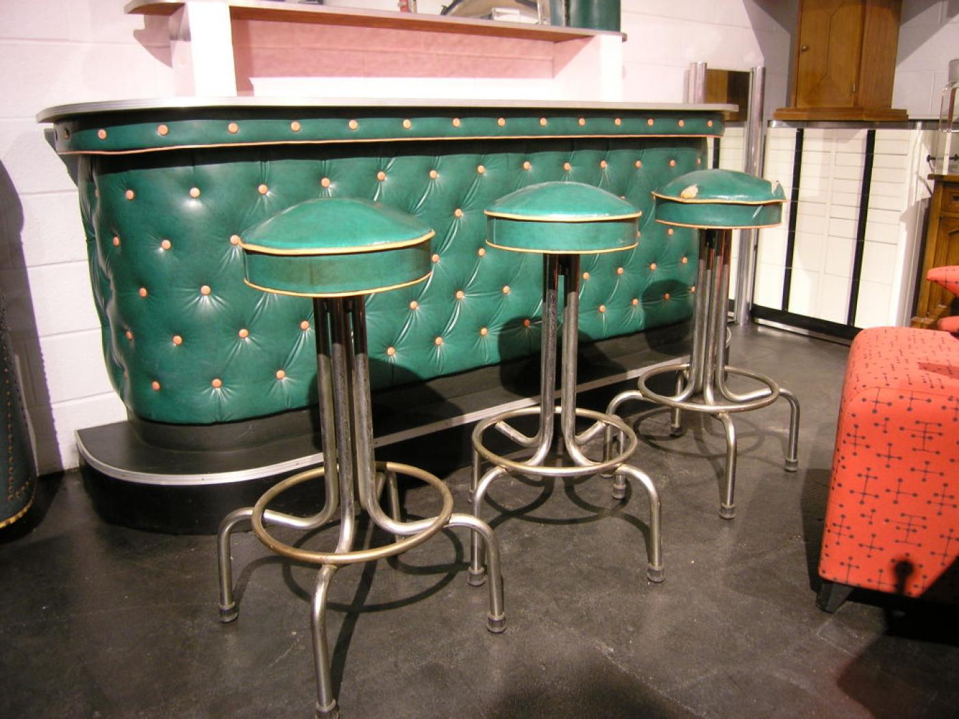 1950's Vinyl & Formica Bar with Matching Mirror & Stools