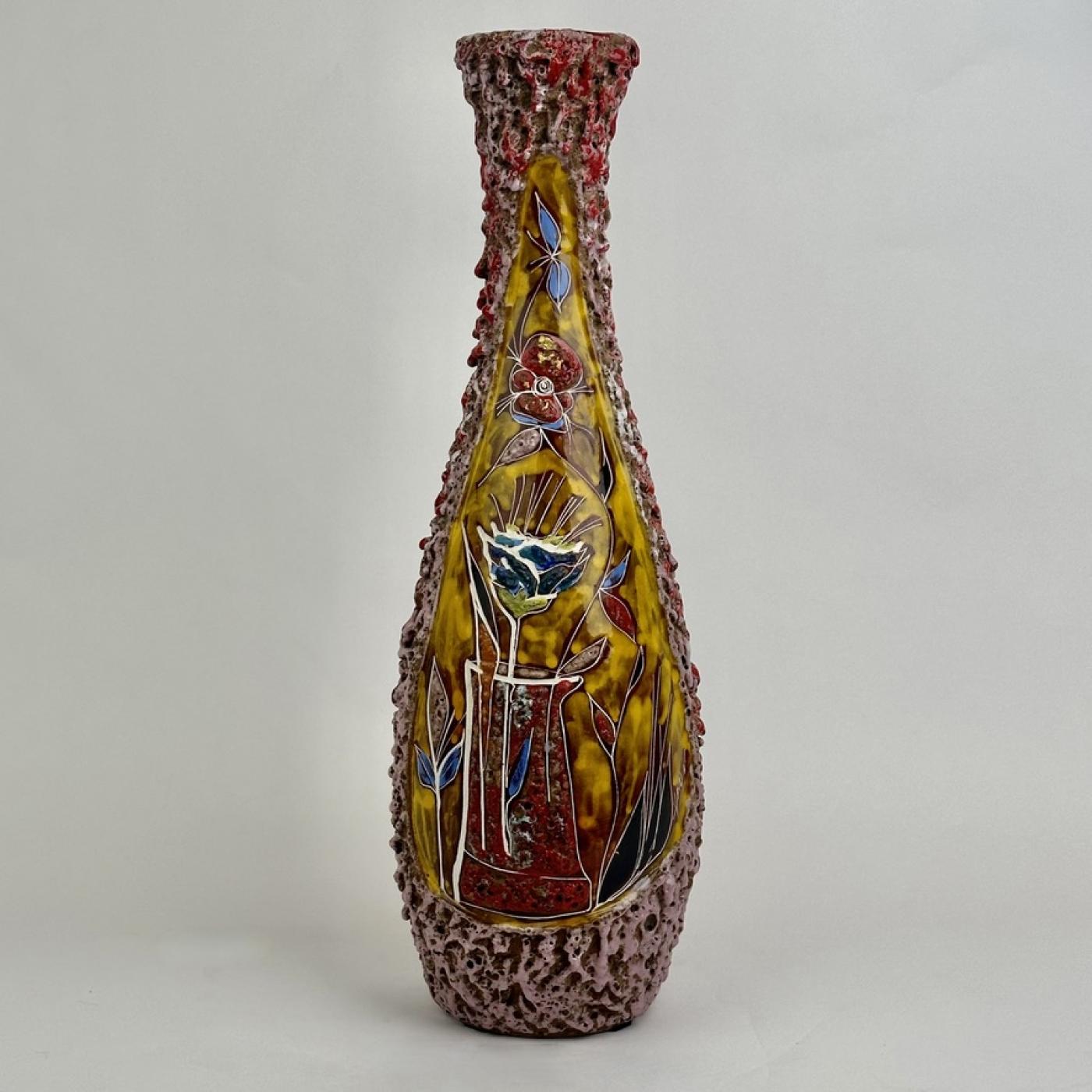 1960's Glazed Multicolored Ceramic Vase w/ Graffiti Floral Composition ...