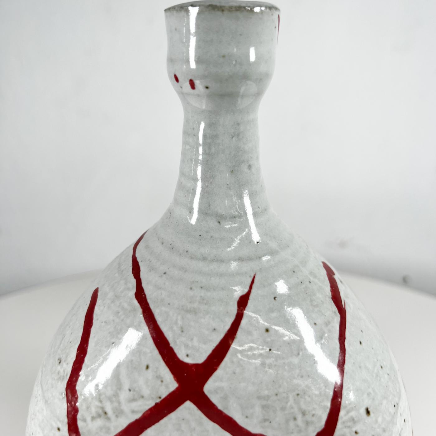 1970s JM Abstract Red and White Studio Pottery Vase Vessel