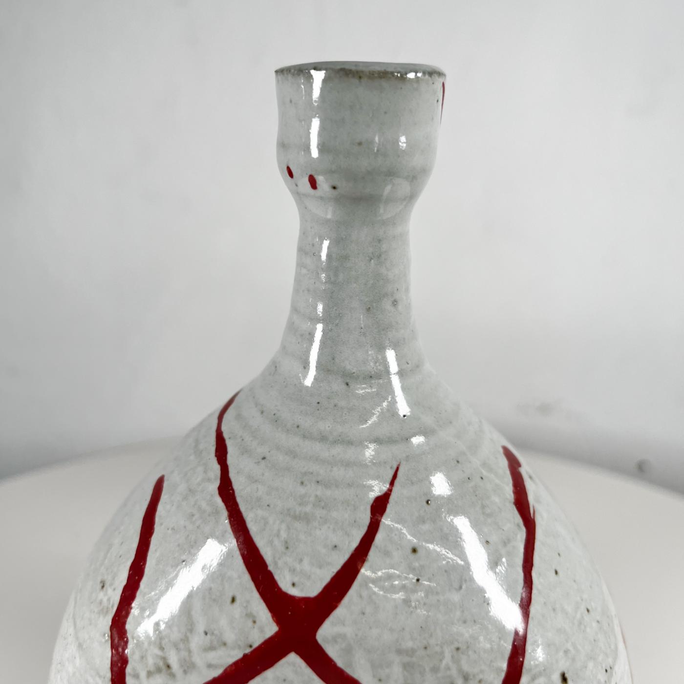 1970s JM Abstract Red and White Studio Pottery Vase Vessel