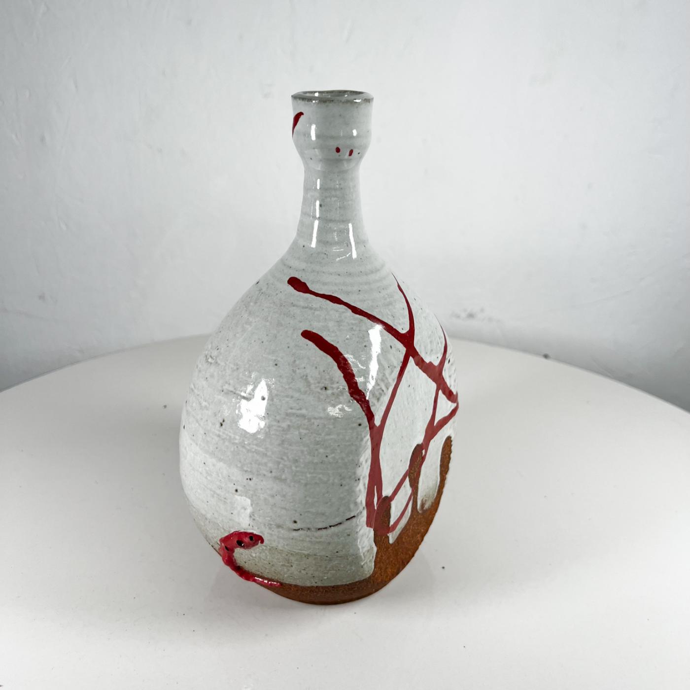 1970s JM Abstract Red and White Studio Pottery Vase Vessel