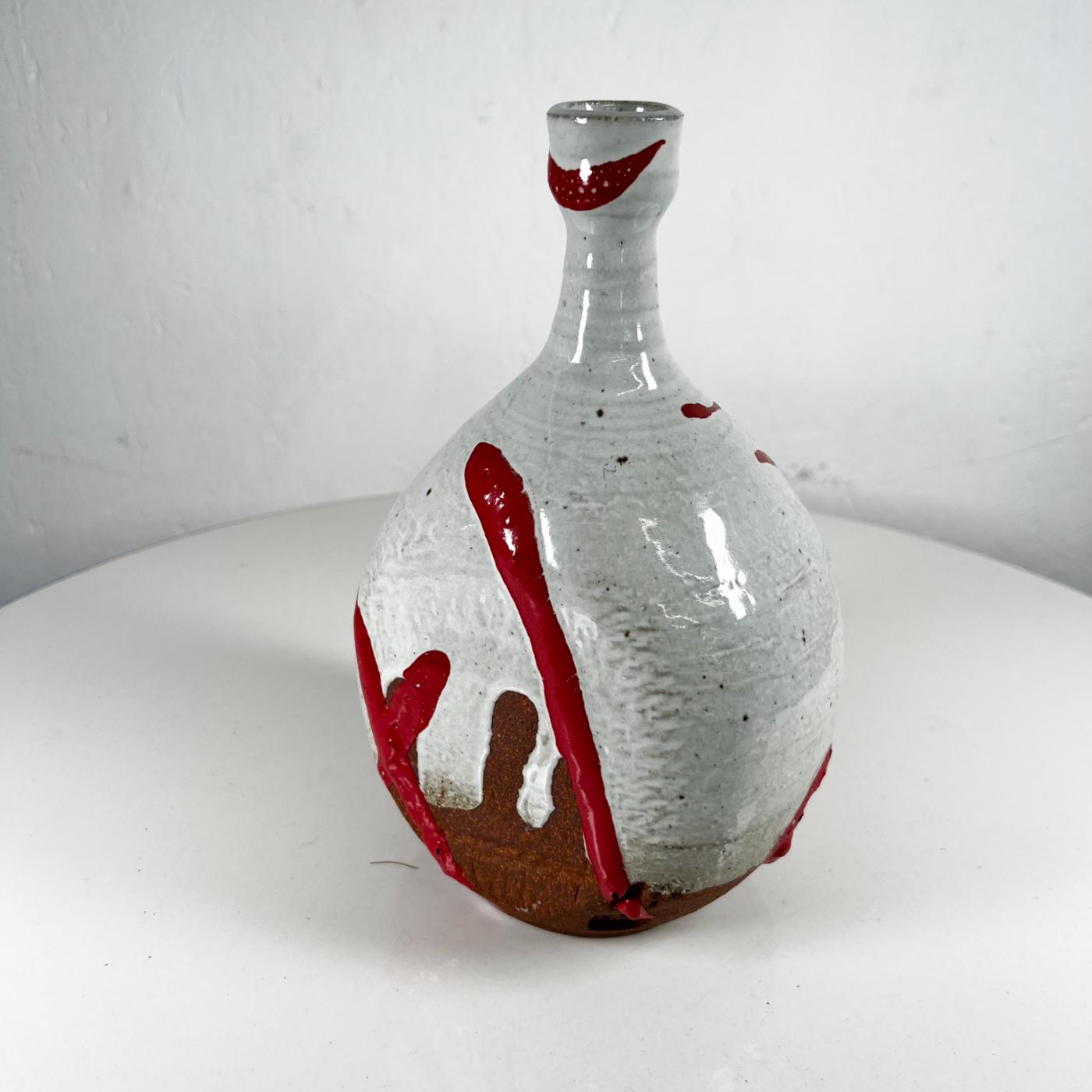 1970s JM Abstract Red and White Studio Pottery Vase Vessel