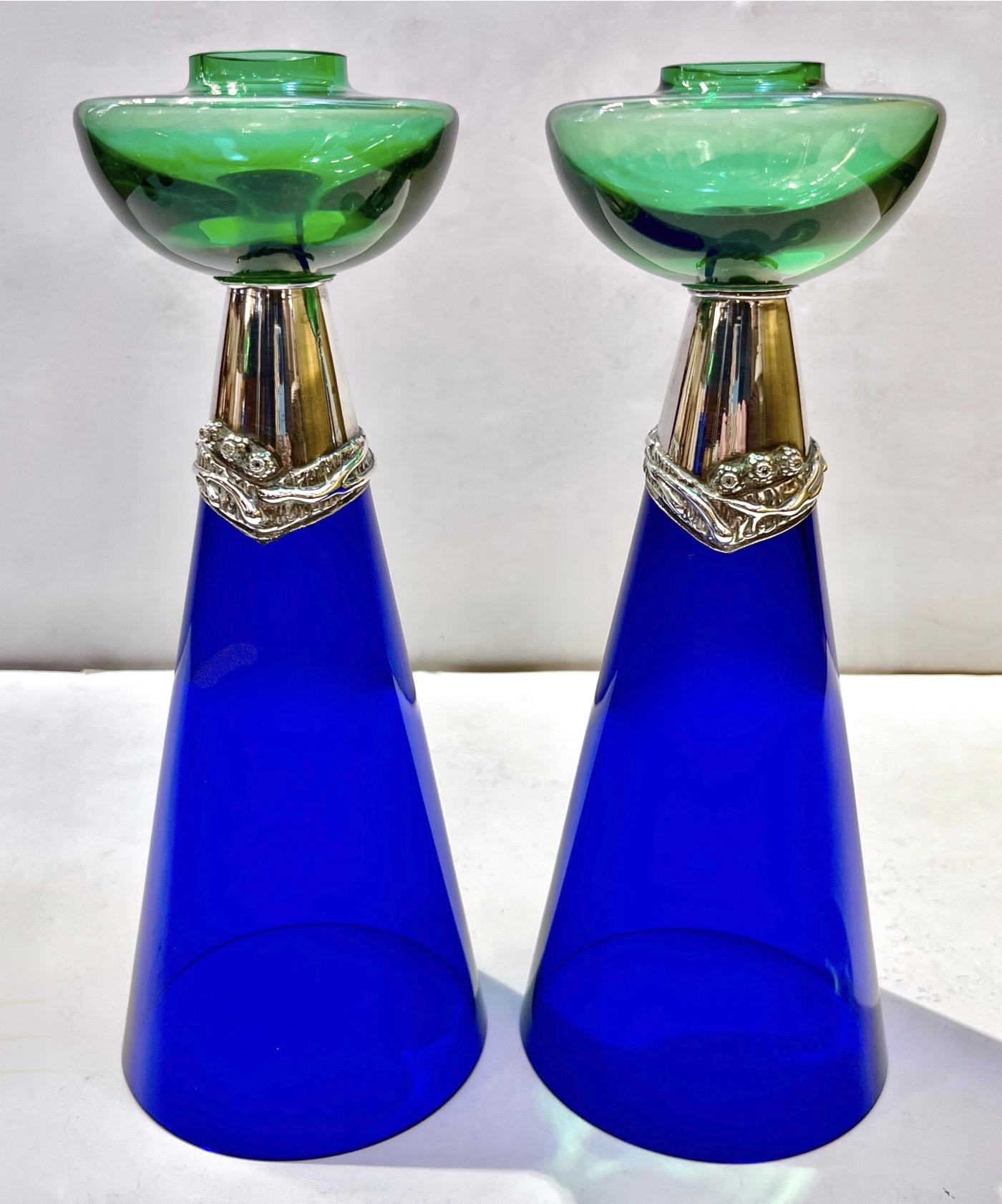 1980 Domar Israel Art Nouveau Style Green Cobalt Blue Glass Silver ...