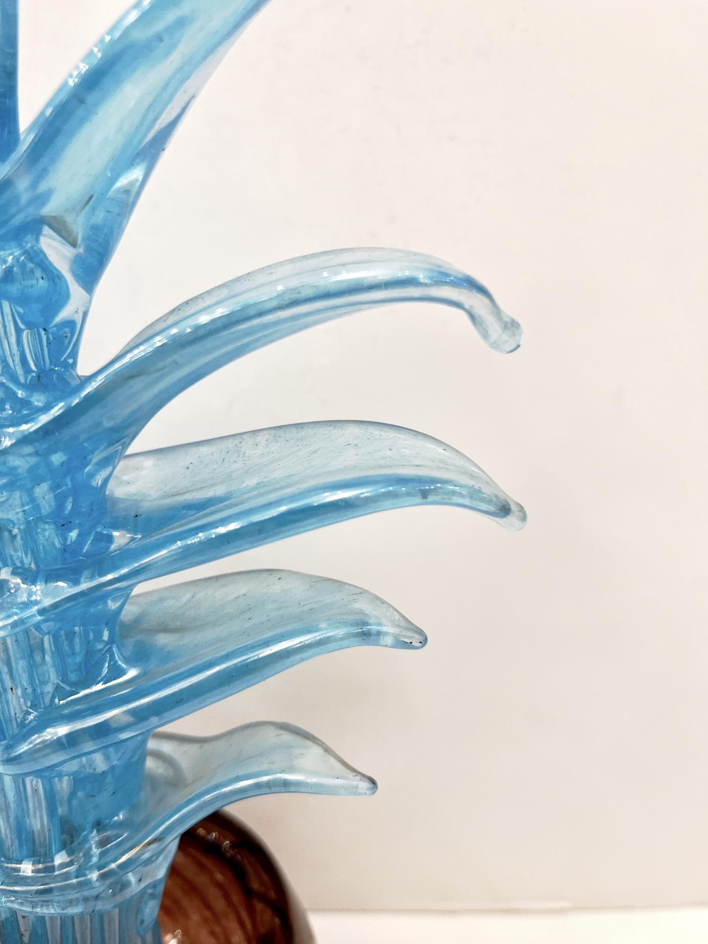 1990s Italian Sky Blue Leaves Murano Art Glass Cactus Plant in Purple Pot