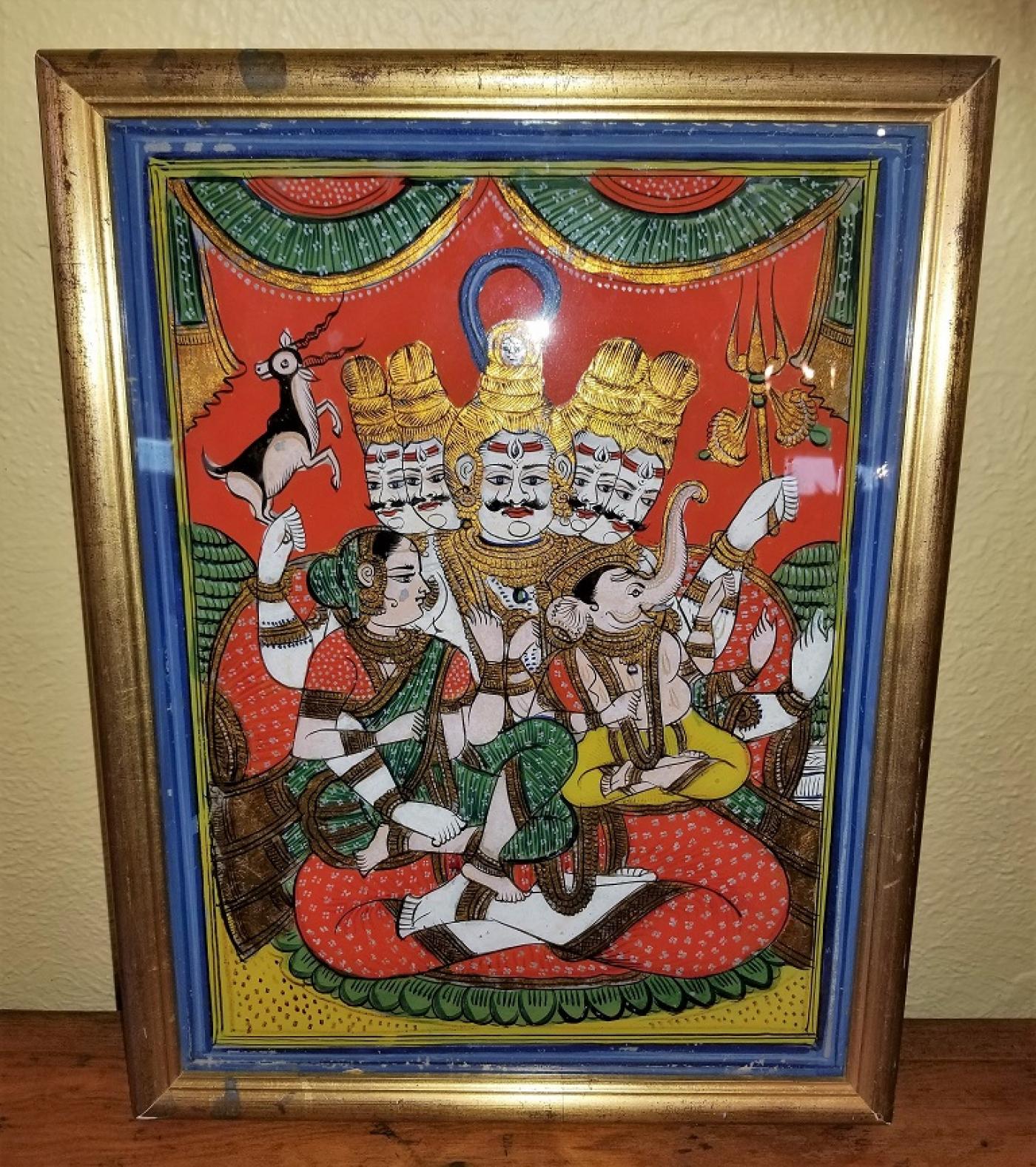 19C Reverse Glass Painting of Shiva, Parvati and Ganesh from the Pal ...
