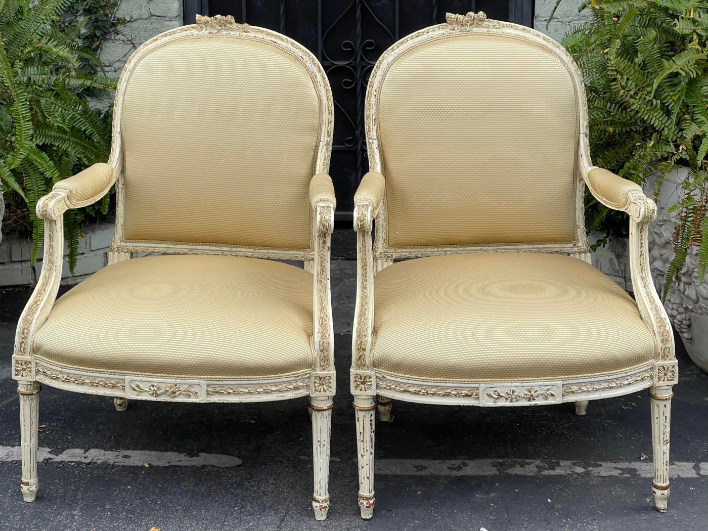 19c Antique French Louis XV XVI Transitional Arm Chairs - a Pair