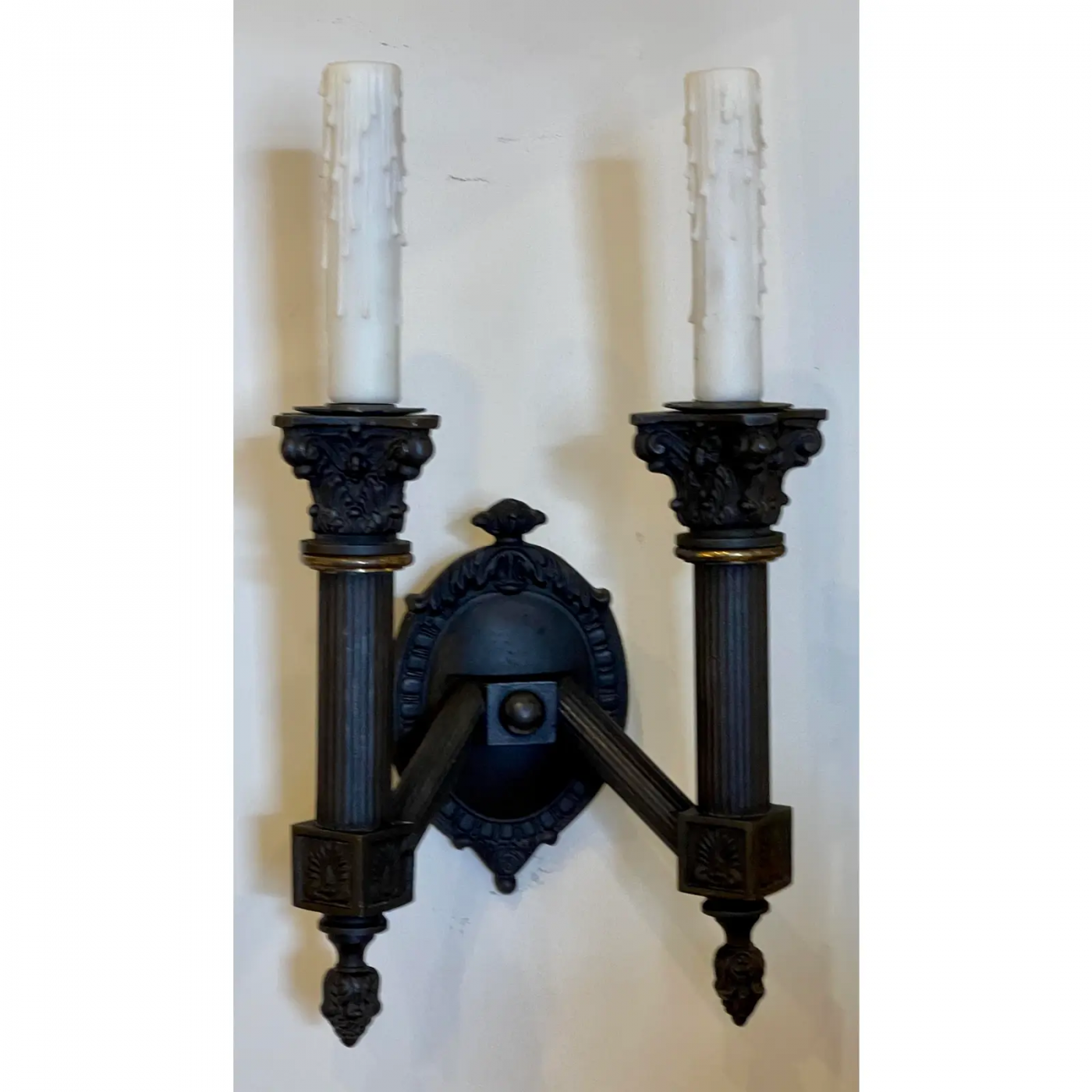 19th C Style Empire Black Neoclassical Corinthian Column 2 Lite Wall Sconce