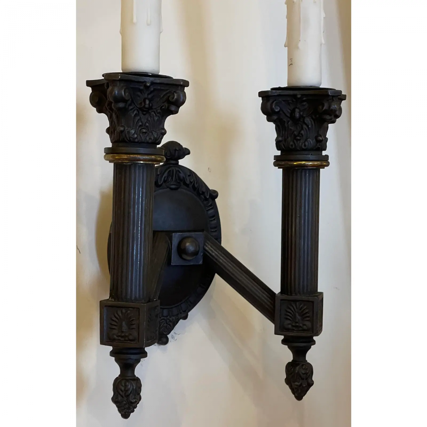 19th C Style Empire Black Neoclassical Corinthian Column 2 Lite Wall Sconce