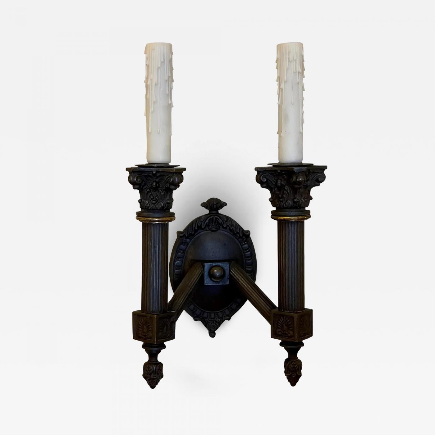 19th C Style Empire Black Neoclassical Corinthian Column 2 Lite Wall Sconce