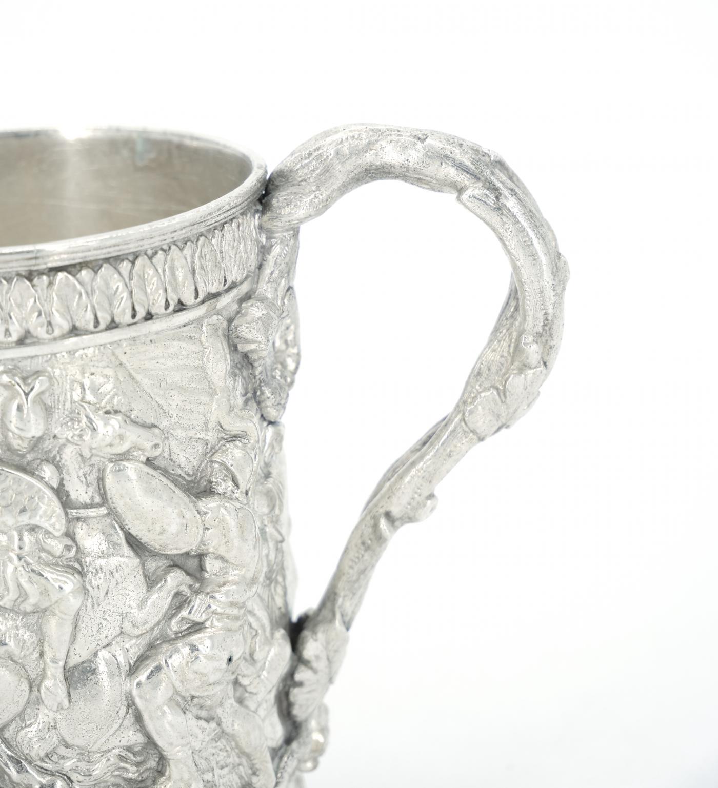 19th Century English Silverplate Barware Mug Depicting Knights in Battle