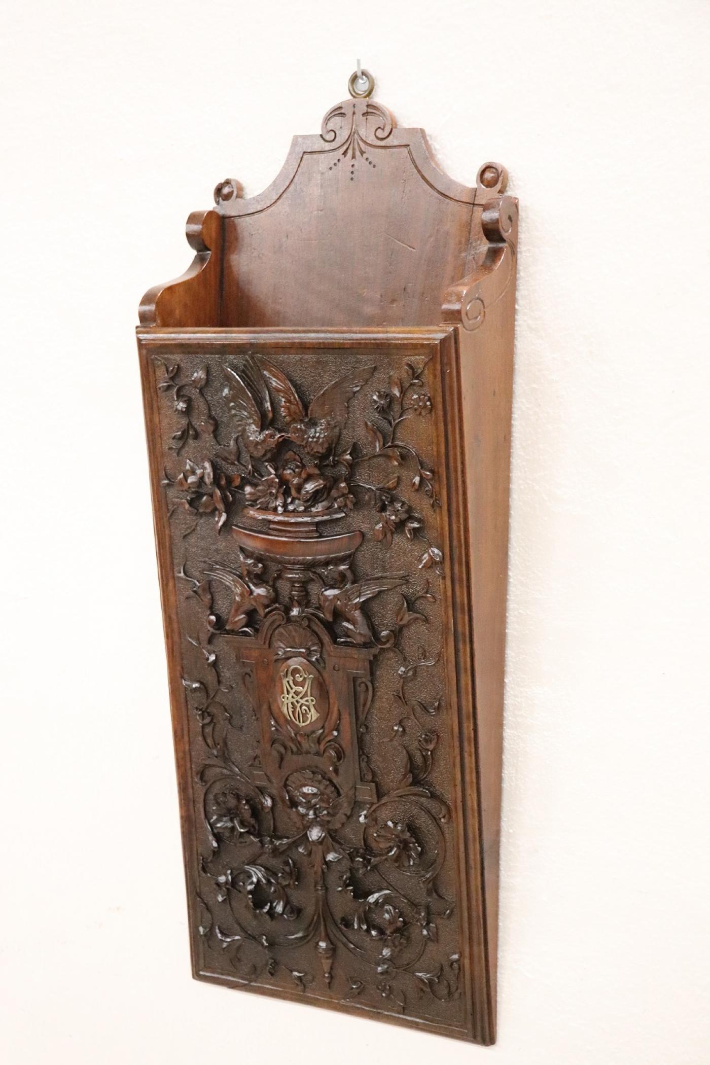 19th Century Renaissance Style Wall Magazine Rack in Hand Carved Walnut