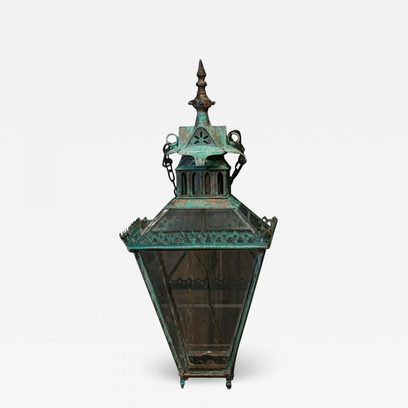 19thC Oversized English 'George Bray' Gothic Verdigris Lantern