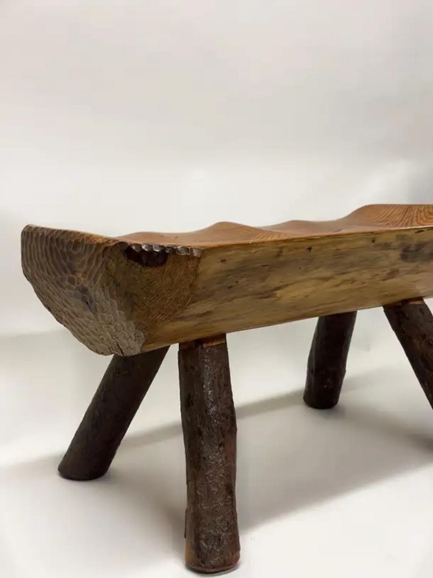 2 Rare Italian Modern Craftsman Alpine Benches in Hand Carved Cypress