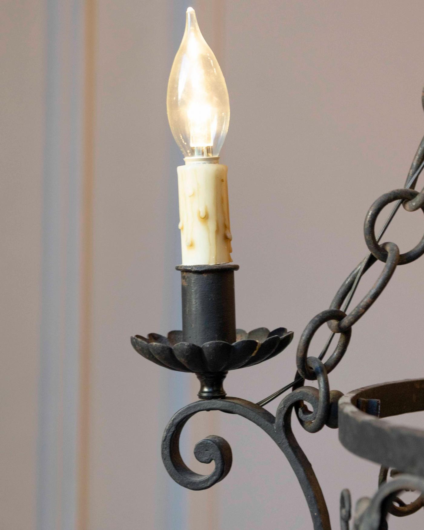 20th-Century French Wrought Iron Chandelier with Foliate Crown