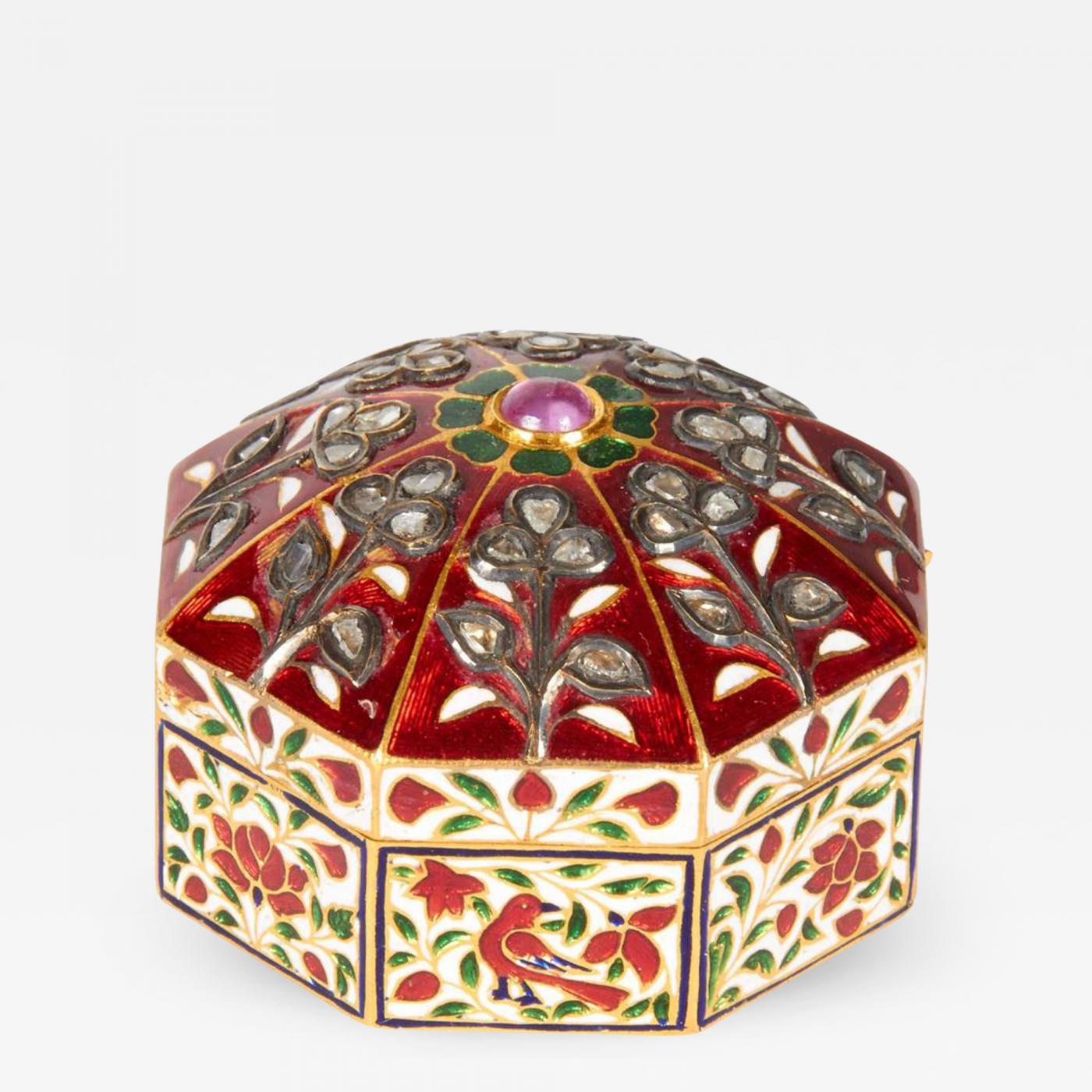 22-Karat Indian Gold Enamel and Diamond Pill Snuff Box Jaipur Mughal Style