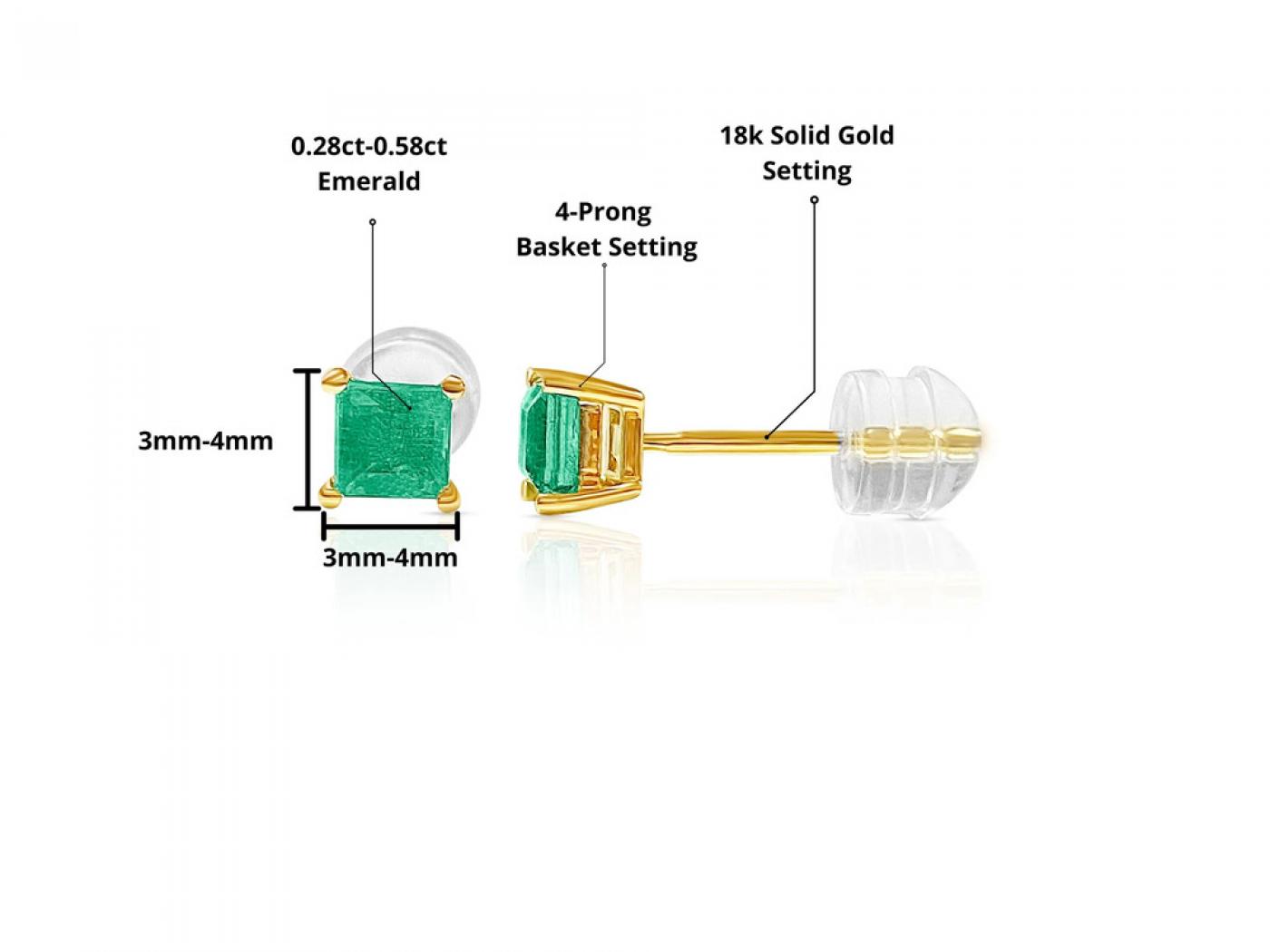 3mm-4mm Colombian Emerald Square-Cut Stud Earrings in 18k Yellow Gold