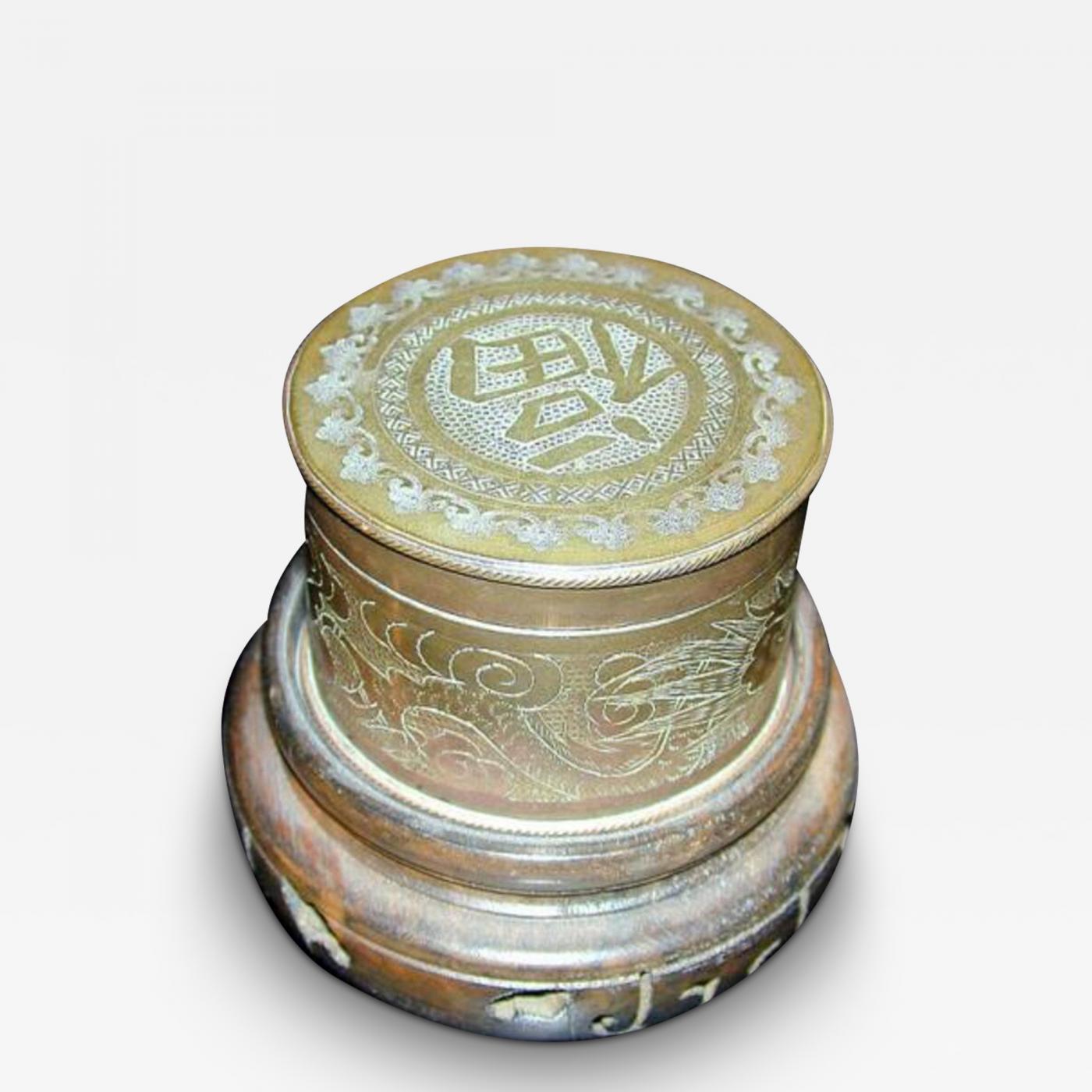 A Japanese Etched Brass Cylindrical Altar Box