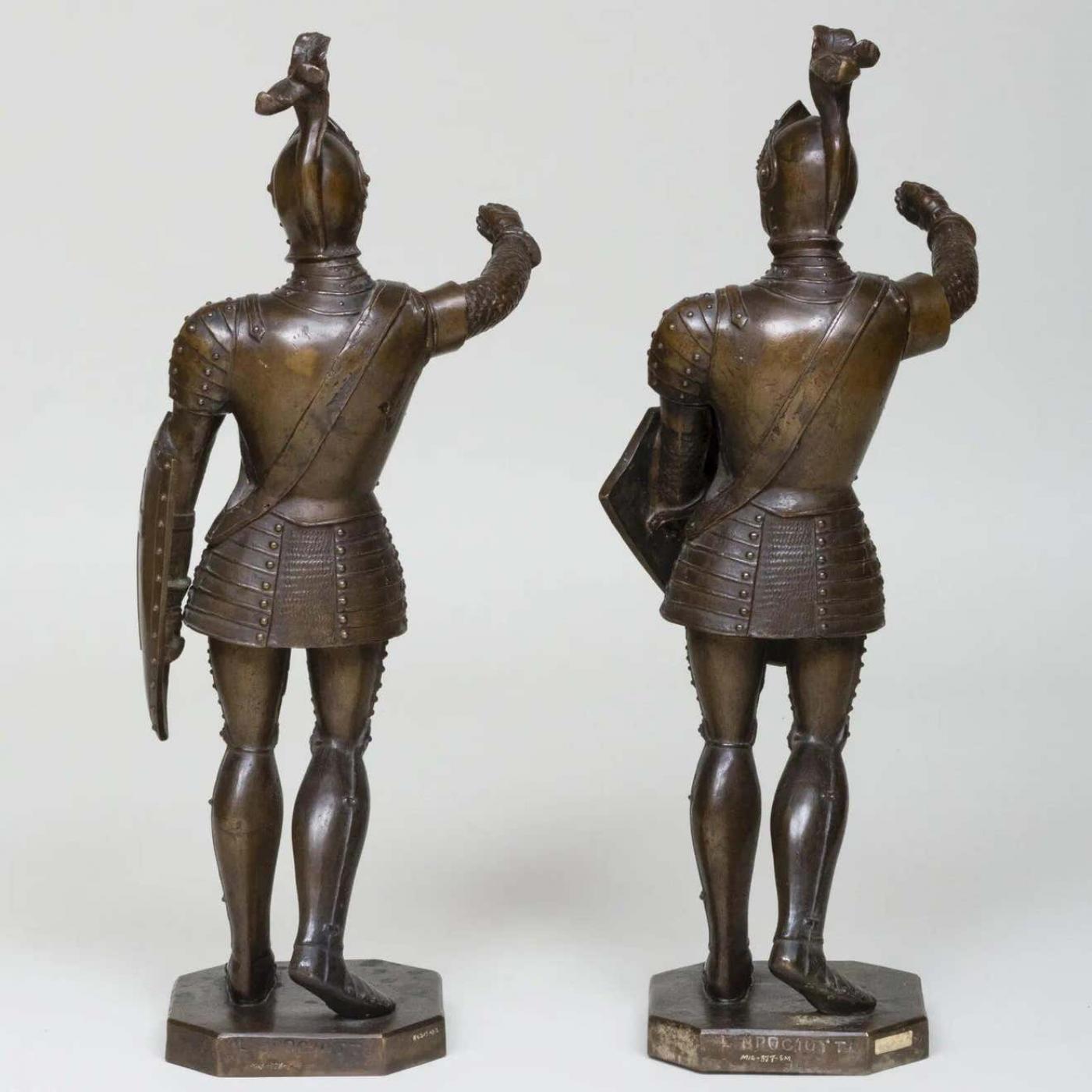 A Pair Of Patinated Bronze Medieval Crusader Sculptures with Armor and ...
