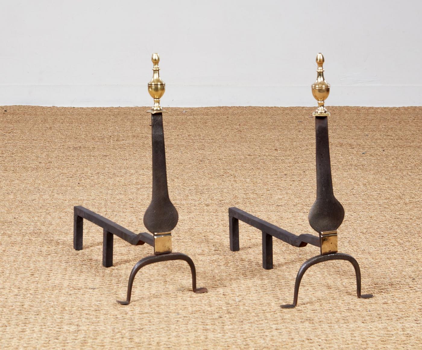 A Pair of Federal Knife Blade Andirons with Brass Details