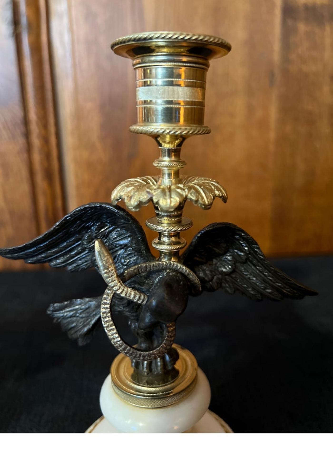 A Pair of Regency Bronze, Gilt-bronze & Marble Candle sticks