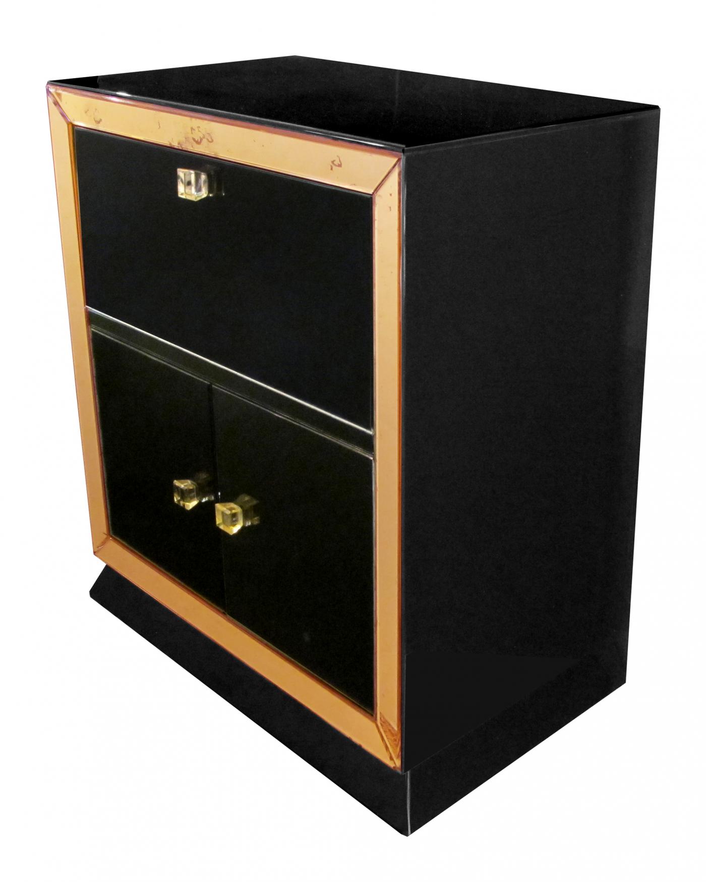 A Sophisticated French Bar with Black Glass and Peach-Colored Mirrored ...