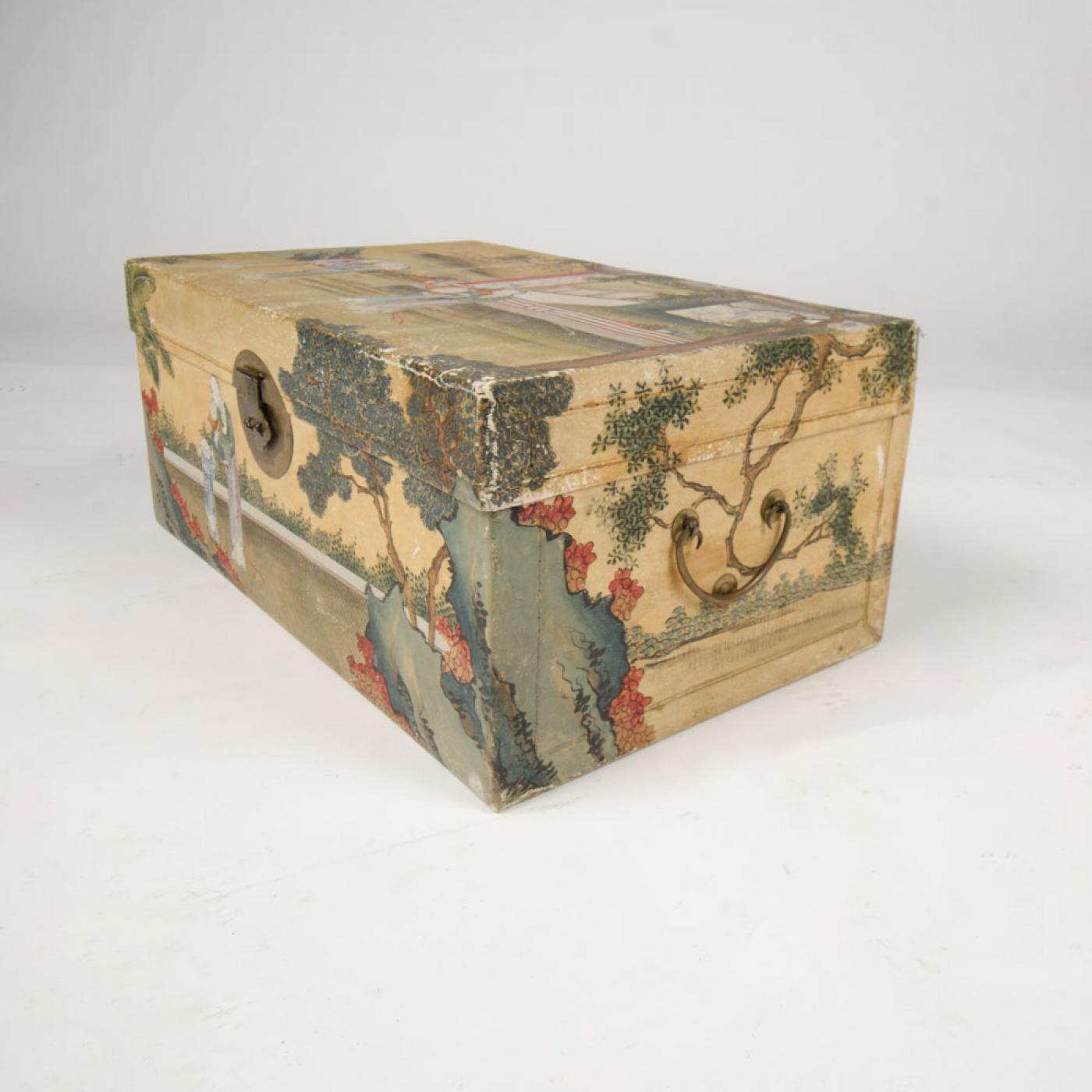 A large decorative Chinese Pig Skin trunk with brass hardware, late ...